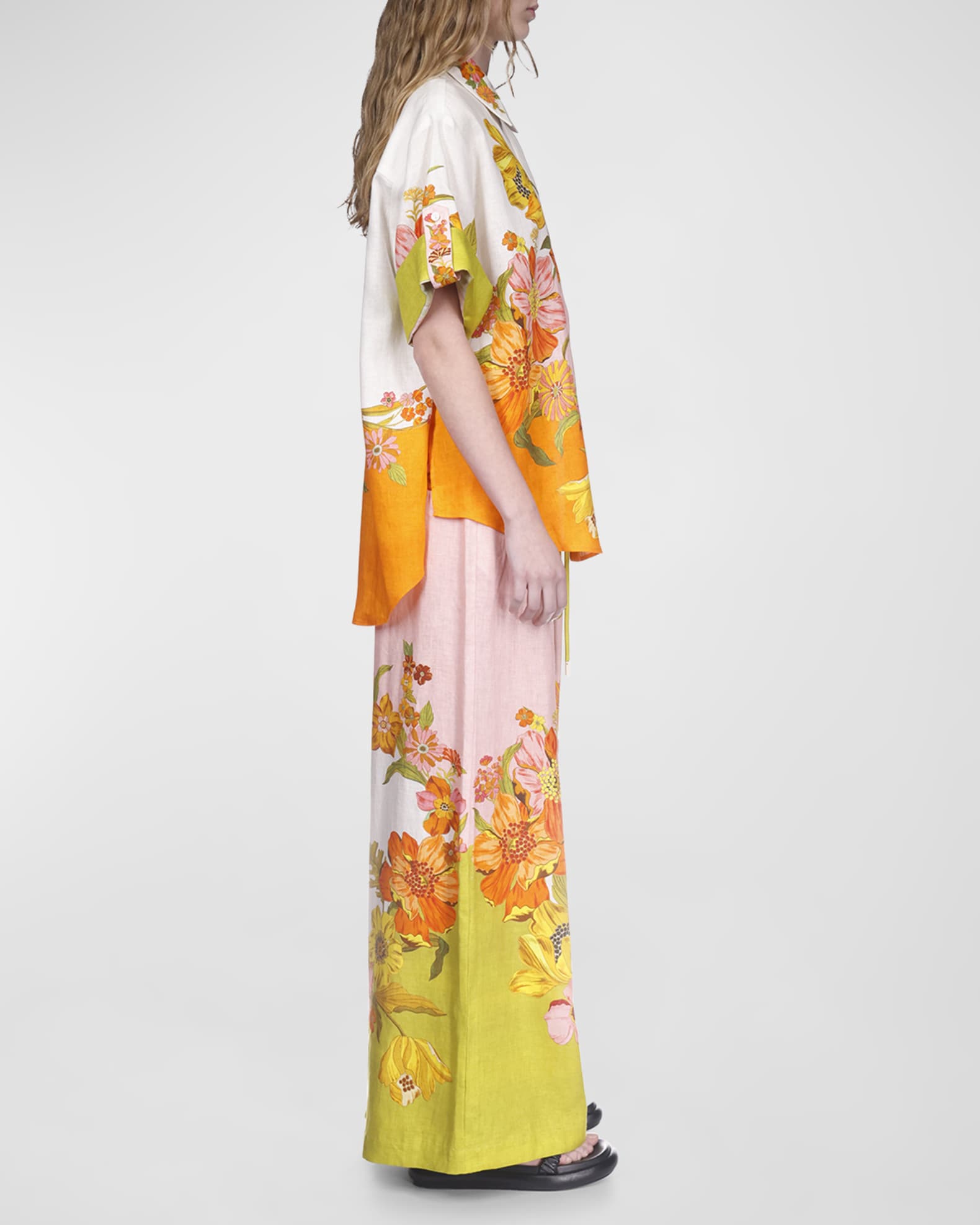 ALEMAIS Silas Floral Linen Wide-Leg Drawstring Pants | Neiman Marcus