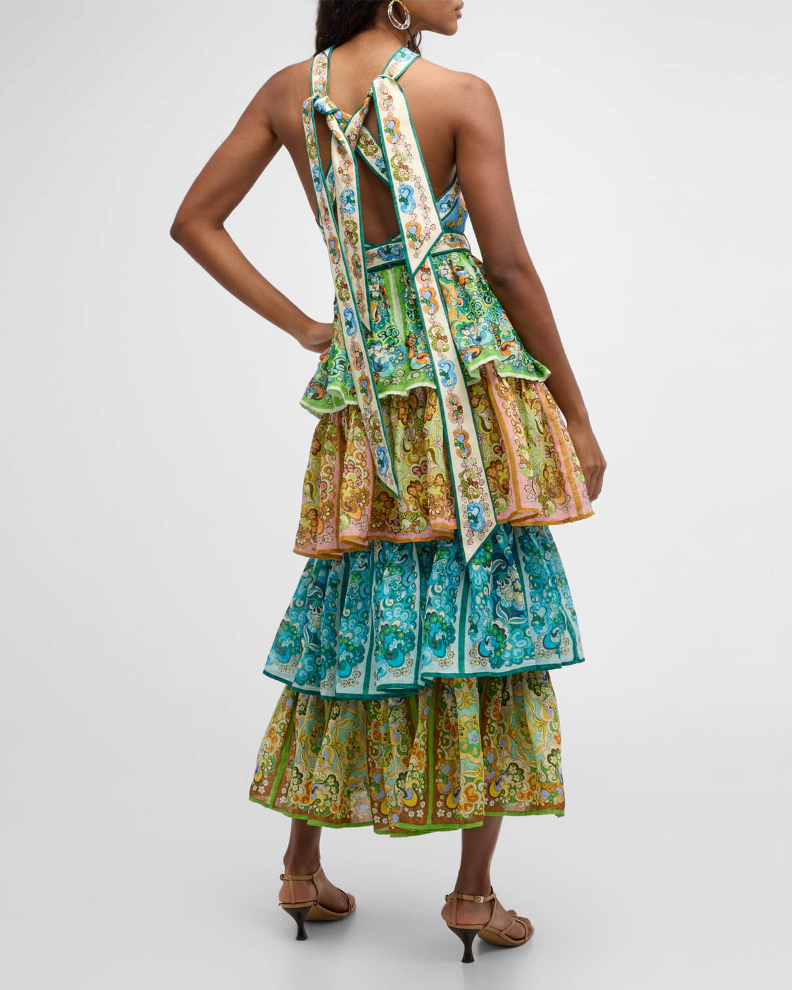 ALEMAIS Dreamer Halter Tiered Cross-Back Midi Dress | Neiman Marcus