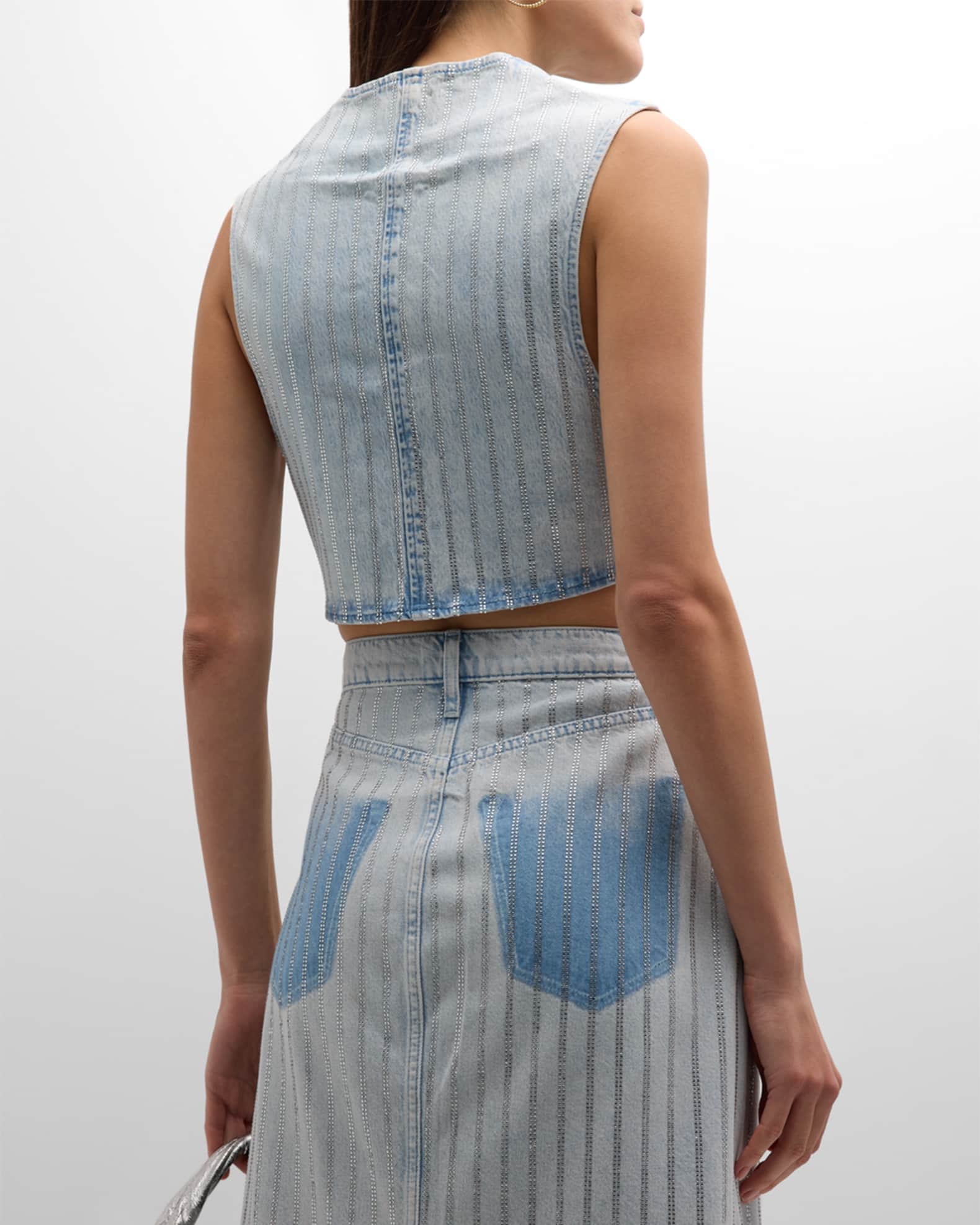 Triarchy Ms. Sofiane Metallic-Stripe Denim Crop Vest | Neiman Marcus