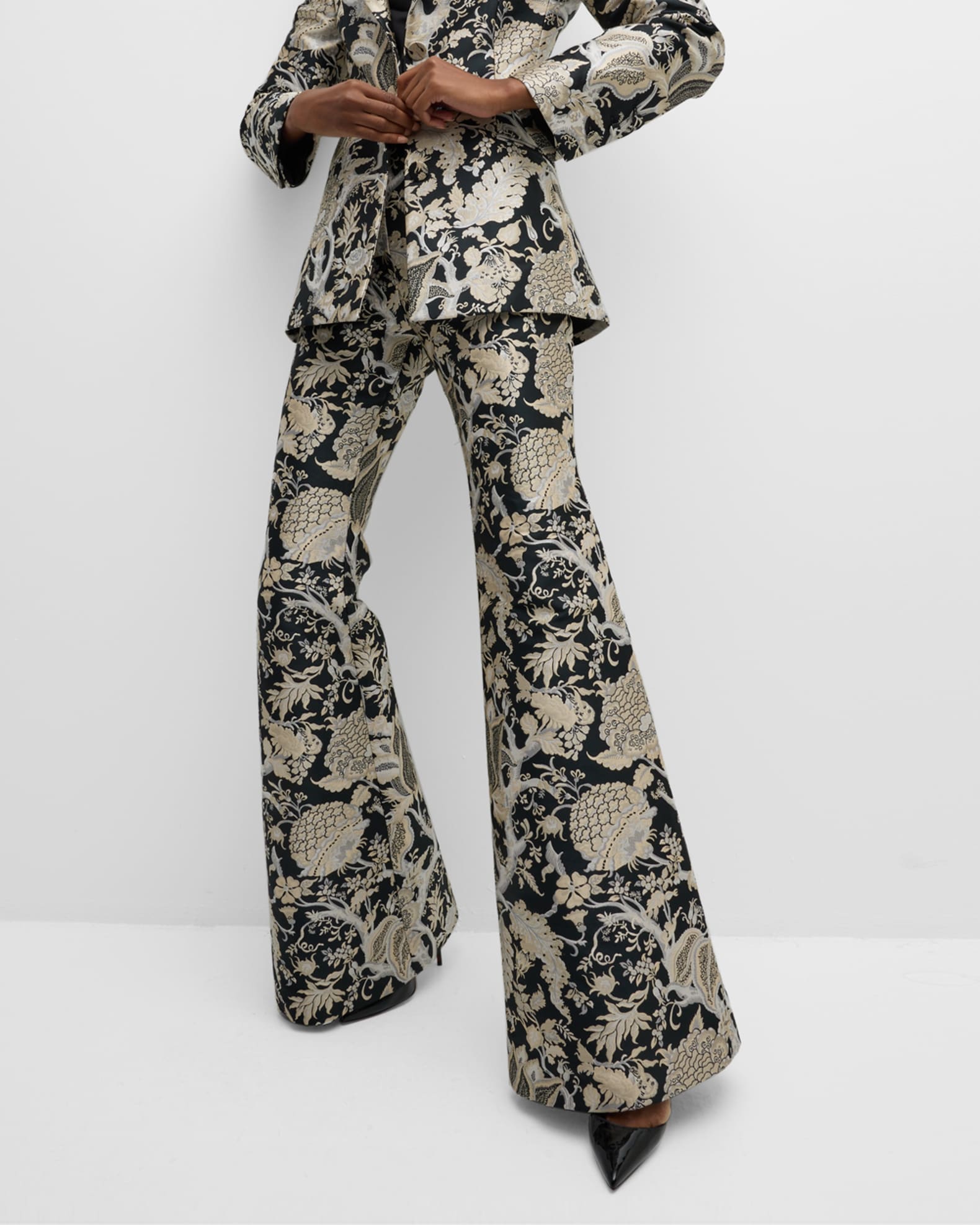 Carolina Herrera Mid-Rise Flared Brocade Pants | Neiman Marcus