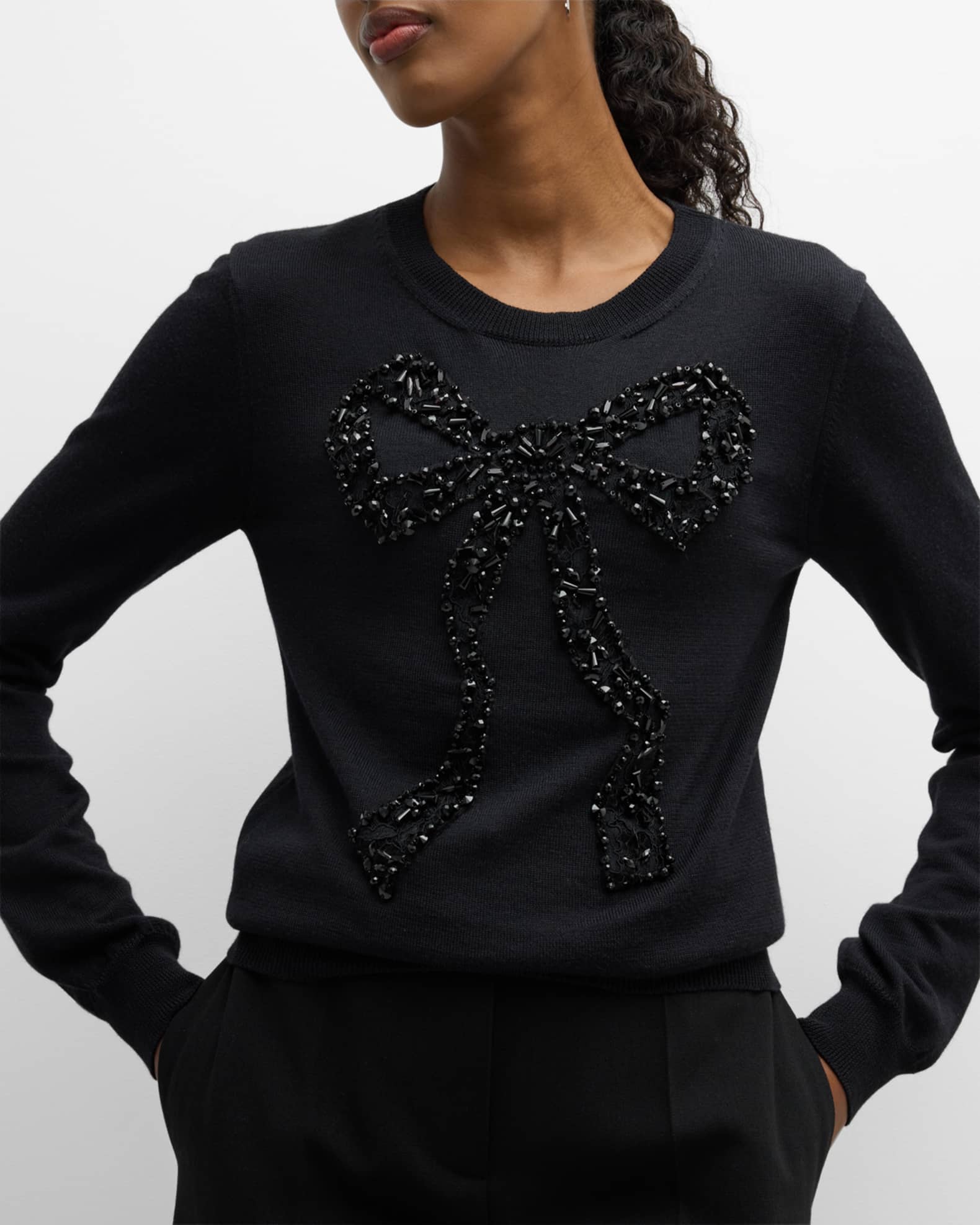 Carolina Herrera Bow Bead-Embellished Wool Sweater | Neiman Marcus