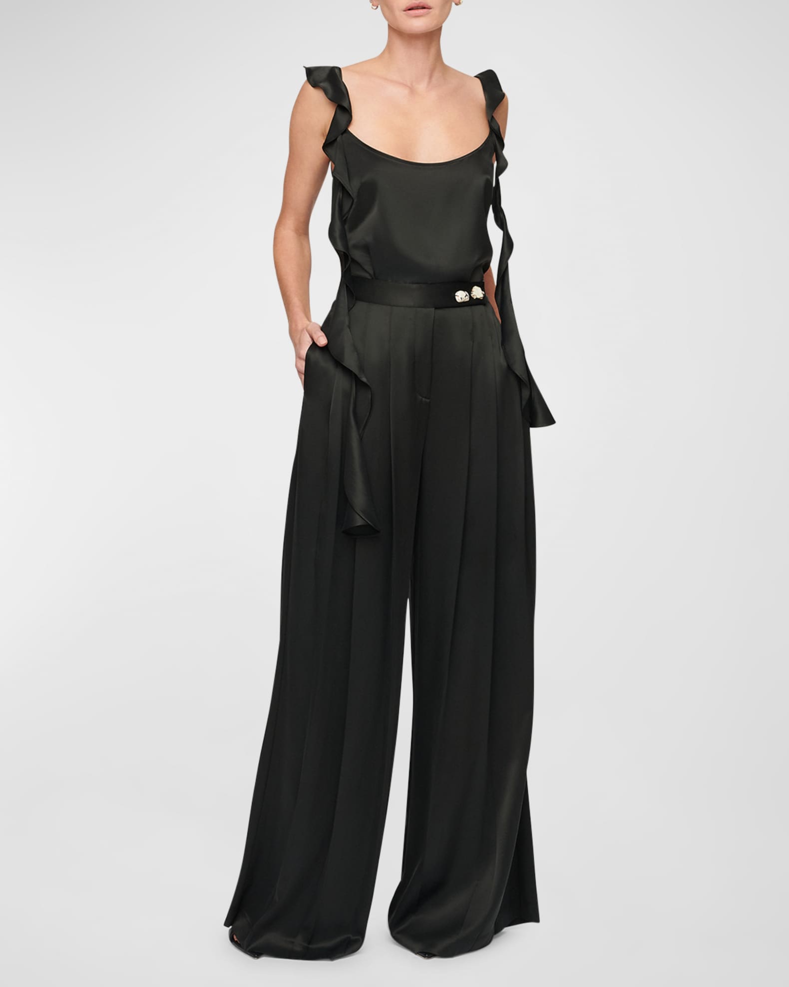 CLEA Aurora Satin Ruffle-Trim Tank Top | Neiman Marcus