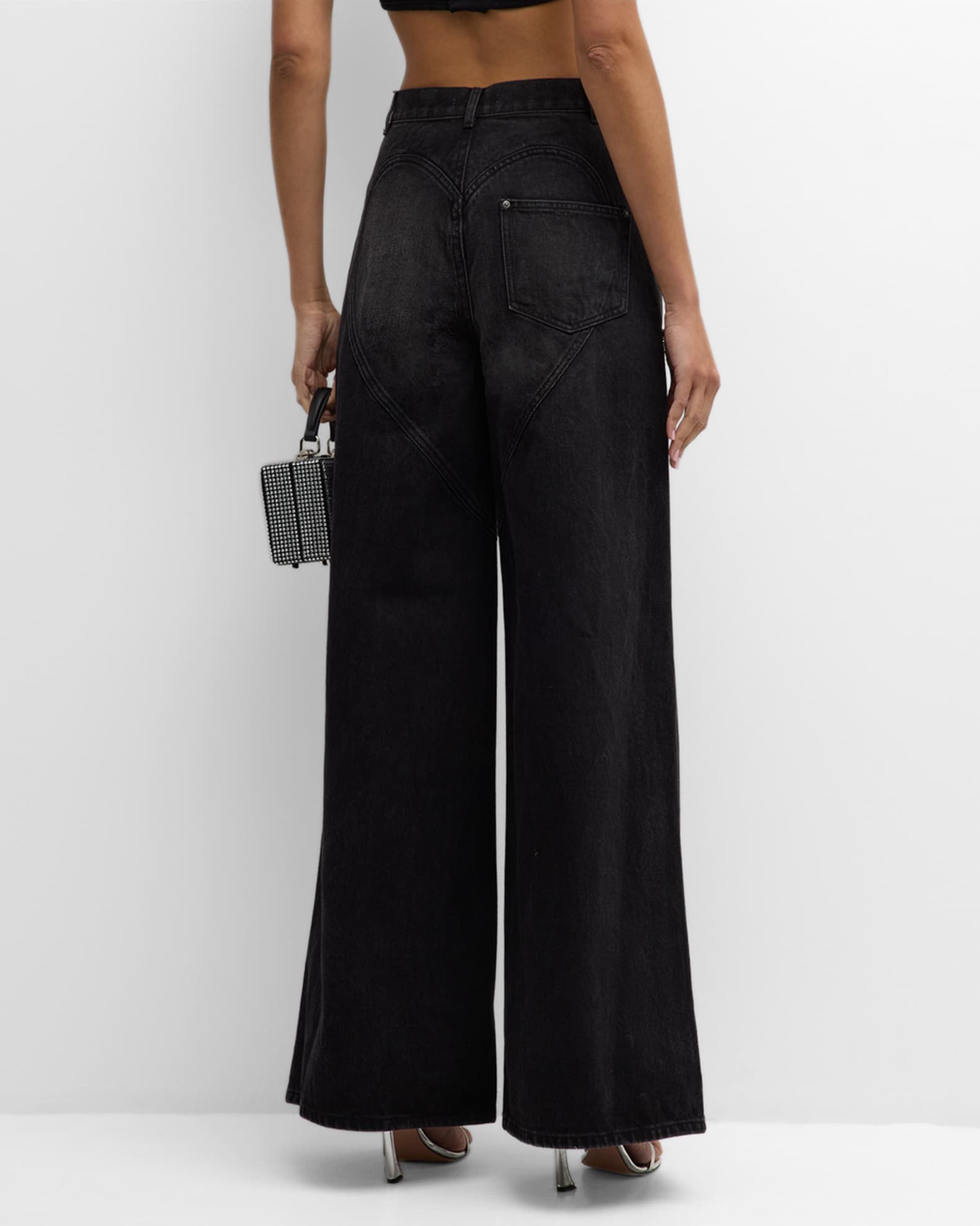 AREA High-Rise Crystal Slit Wide-Leg Jeans | Neiman Marcus