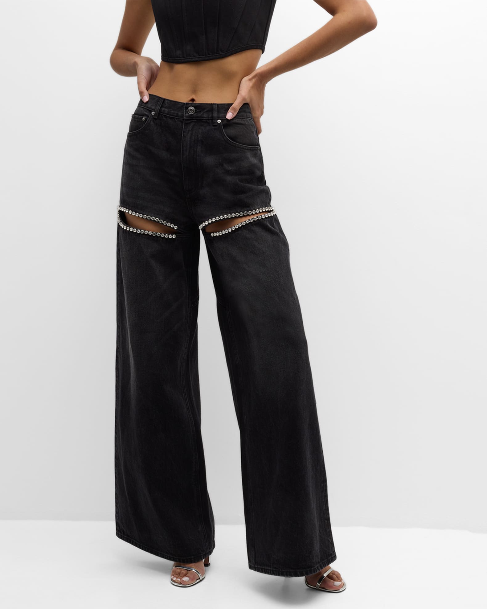 AREA High-Rise Crystal Slit Wide-Leg Jeans | Neiman Marcus