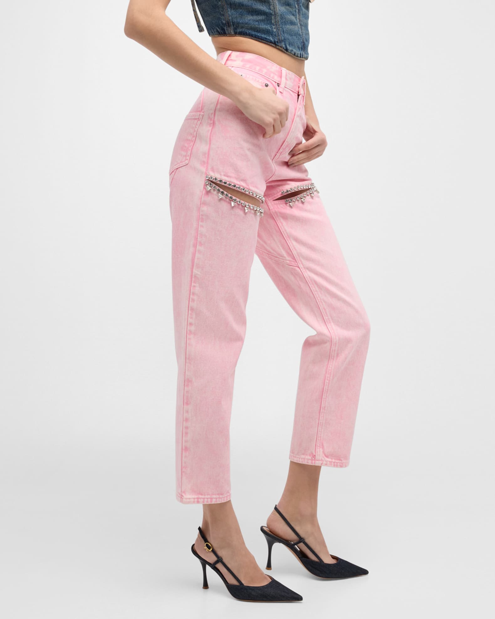 AREA Mid-Rise Crystal-Slit Straight-Leg Ankle Jeans | Neiman Marcus
