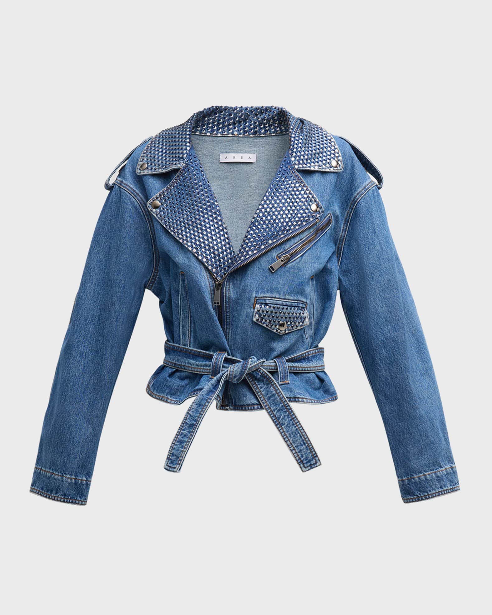 AREA Crystal-Embellished Crop Denim Moto Jacket | Neiman Marcus