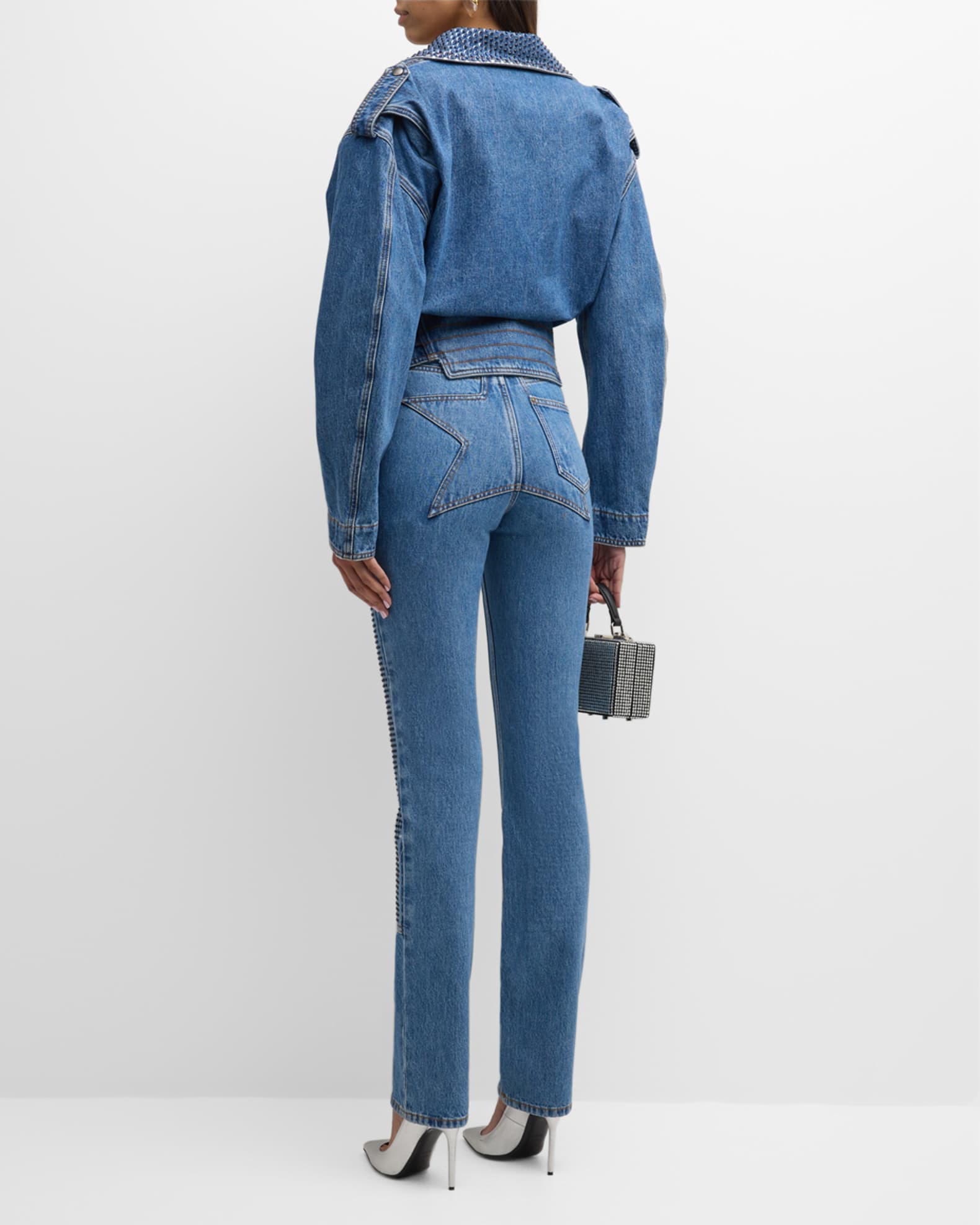 AREA Crystal-Embellished Crop Denim Moto Jacket | Neiman Marcus