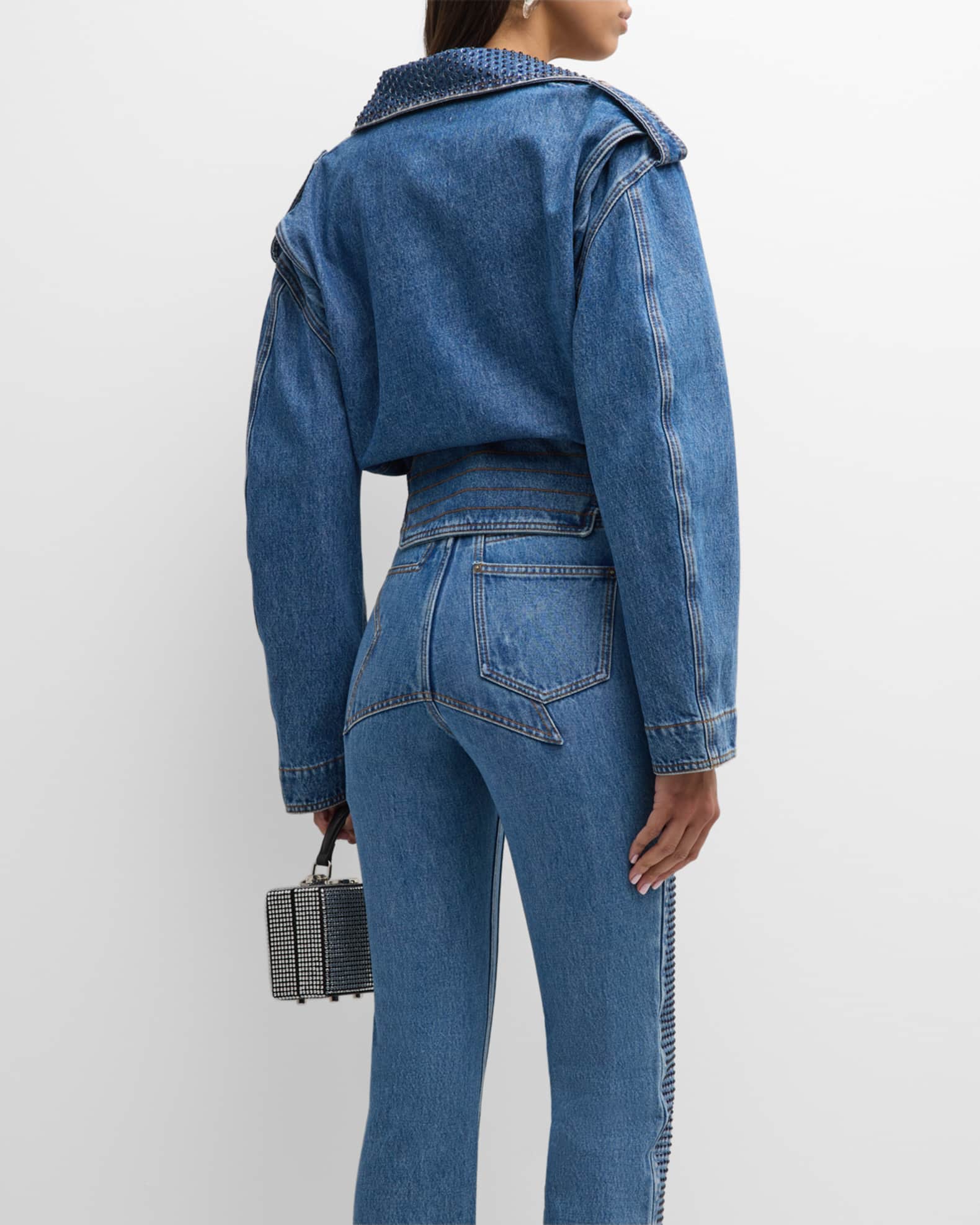 AREA Crystal-Embellished Crop Denim Moto Jacket | Neiman Marcus
