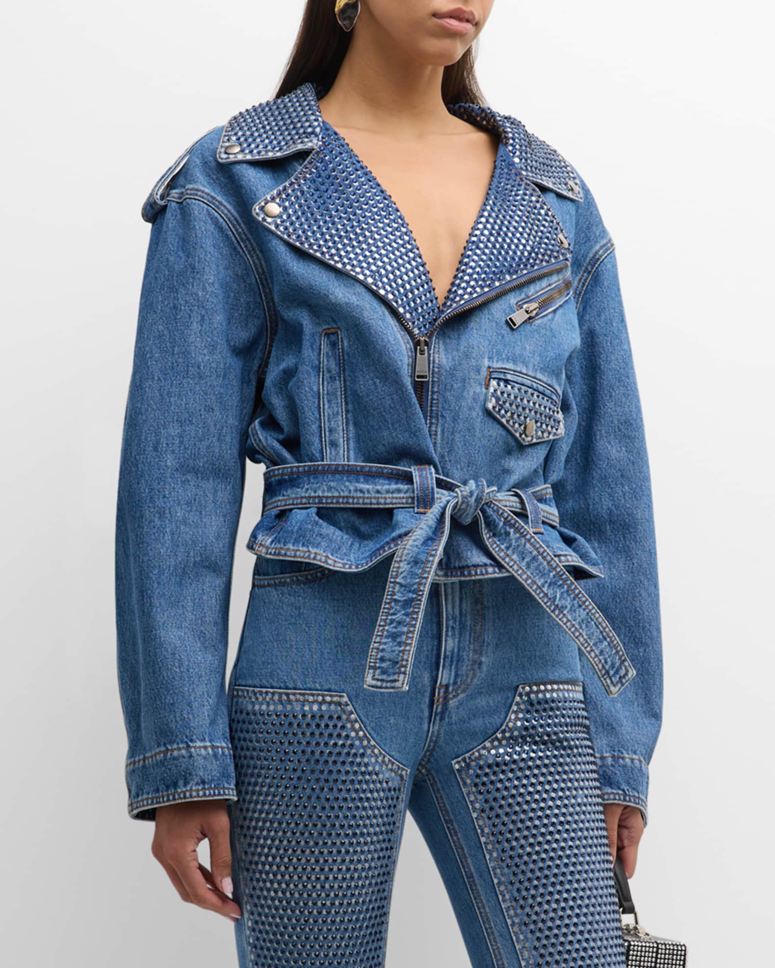 AREA Crystal-Embellished Crop Denim Moto Jacket | Neiman Marcus