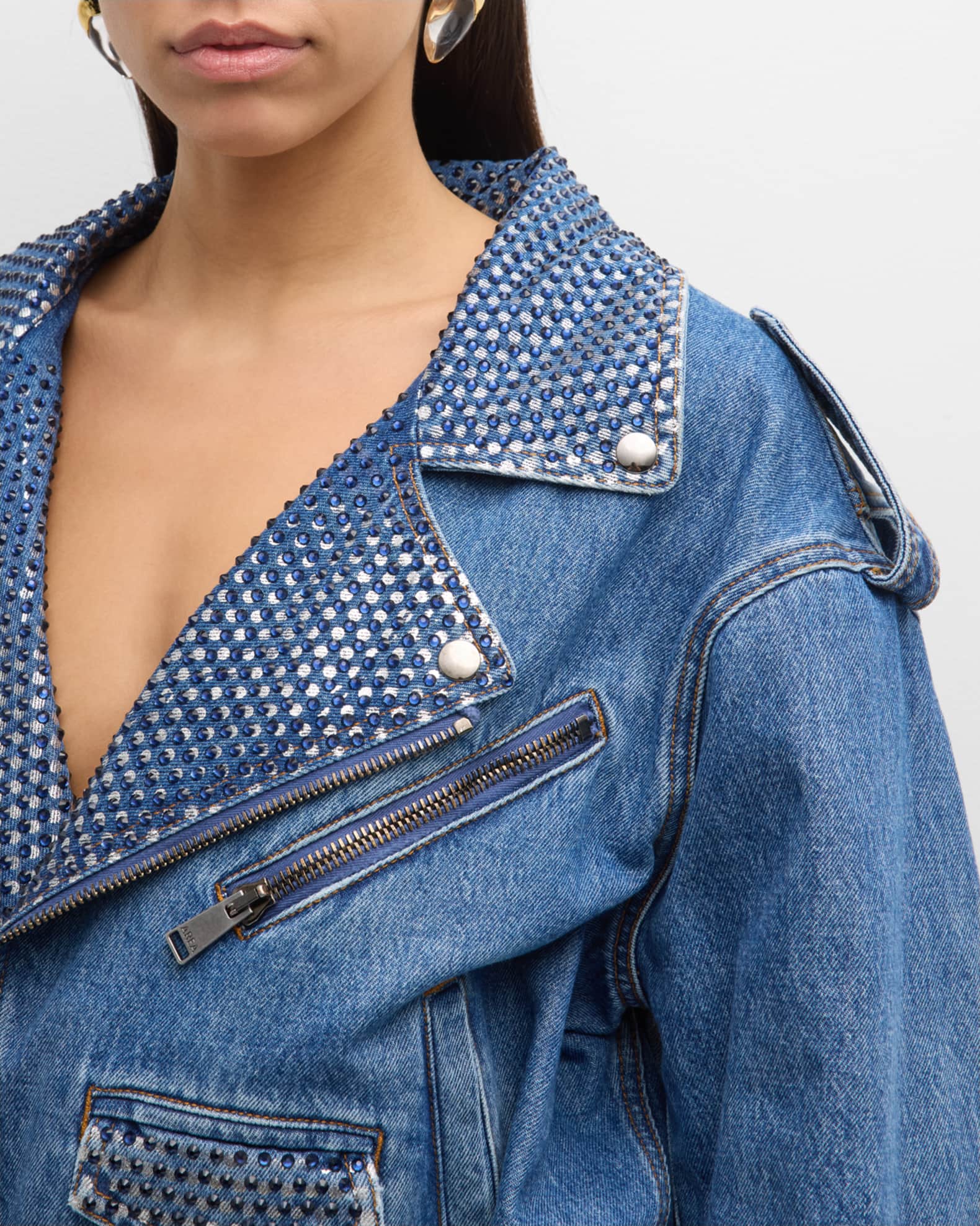 AREA Crystal-Embellished Crop Denim Moto Jacket | Neiman Marcus