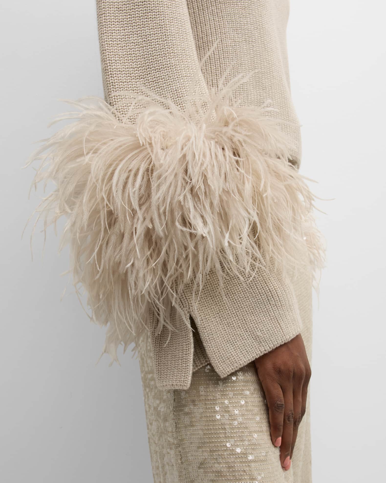 LAPOINTE Feather-Trim Slit-Sleeve Crop Sweater | Neiman Marcus