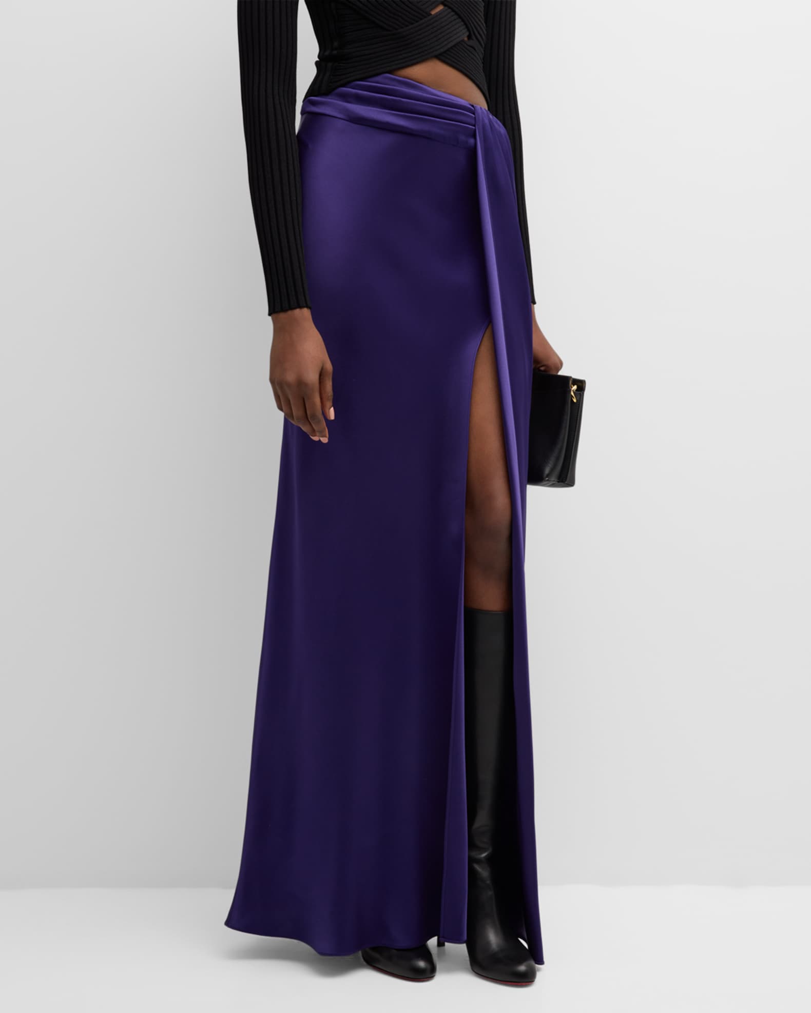 LAPOINTE Asymmetric-Waist Draped Slit Satin Maxi Skirt | Neiman Marcus