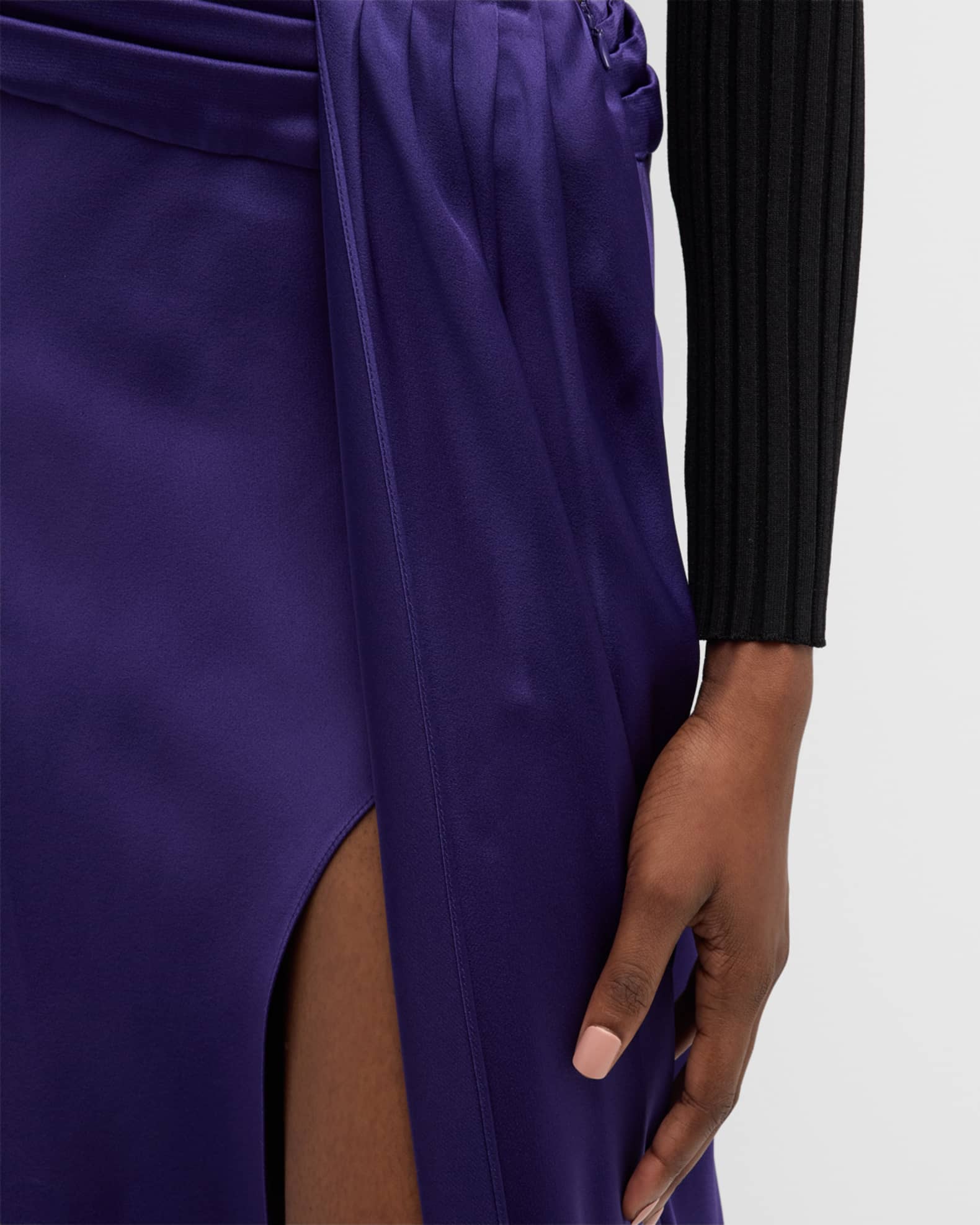 LAPOINTE Asymmetric-Waist Draped Slit Satin Maxi Skirt | Neiman Marcus