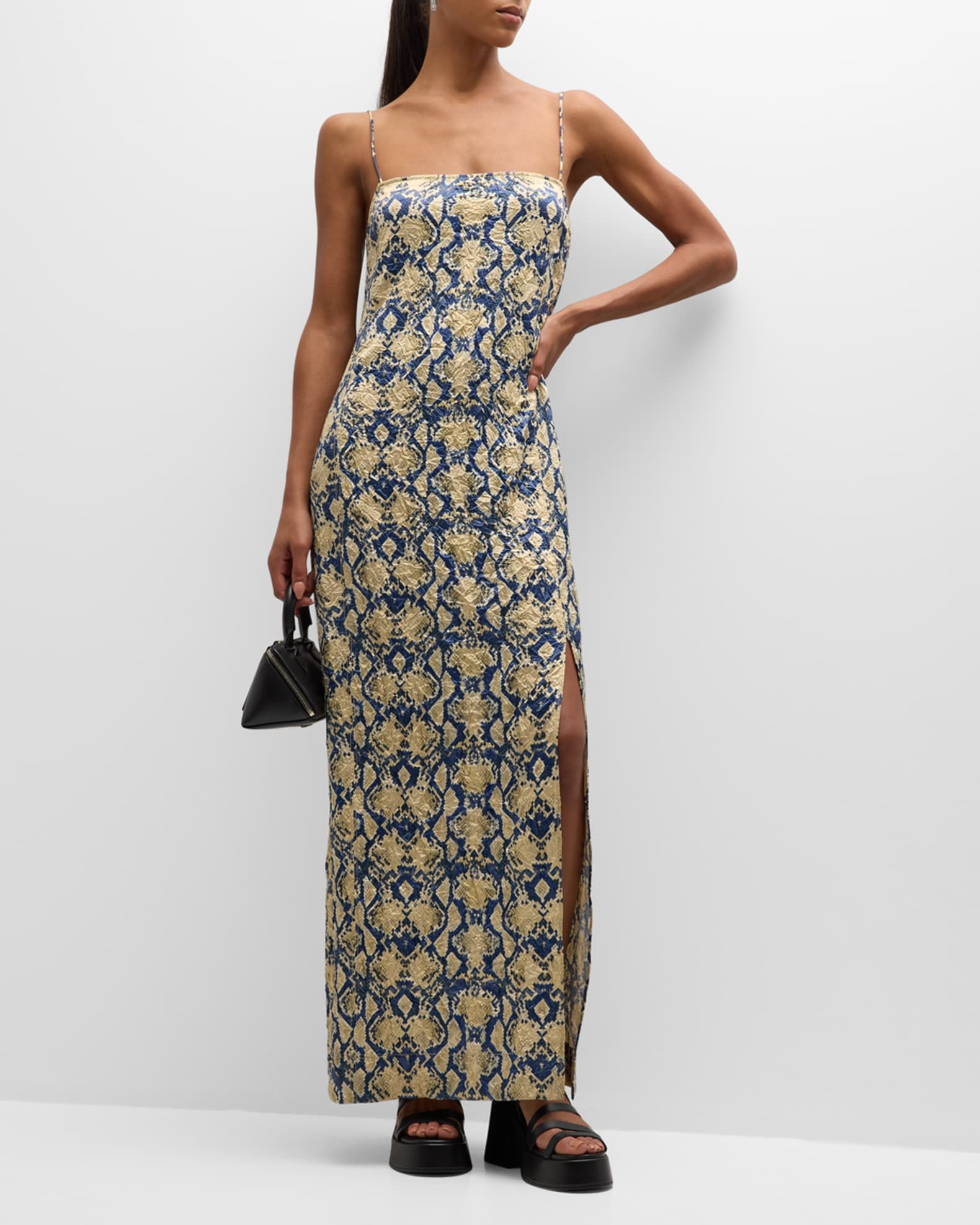 Ganni Strappy Crinkled Satin Maxi Dress | Neiman Marcus