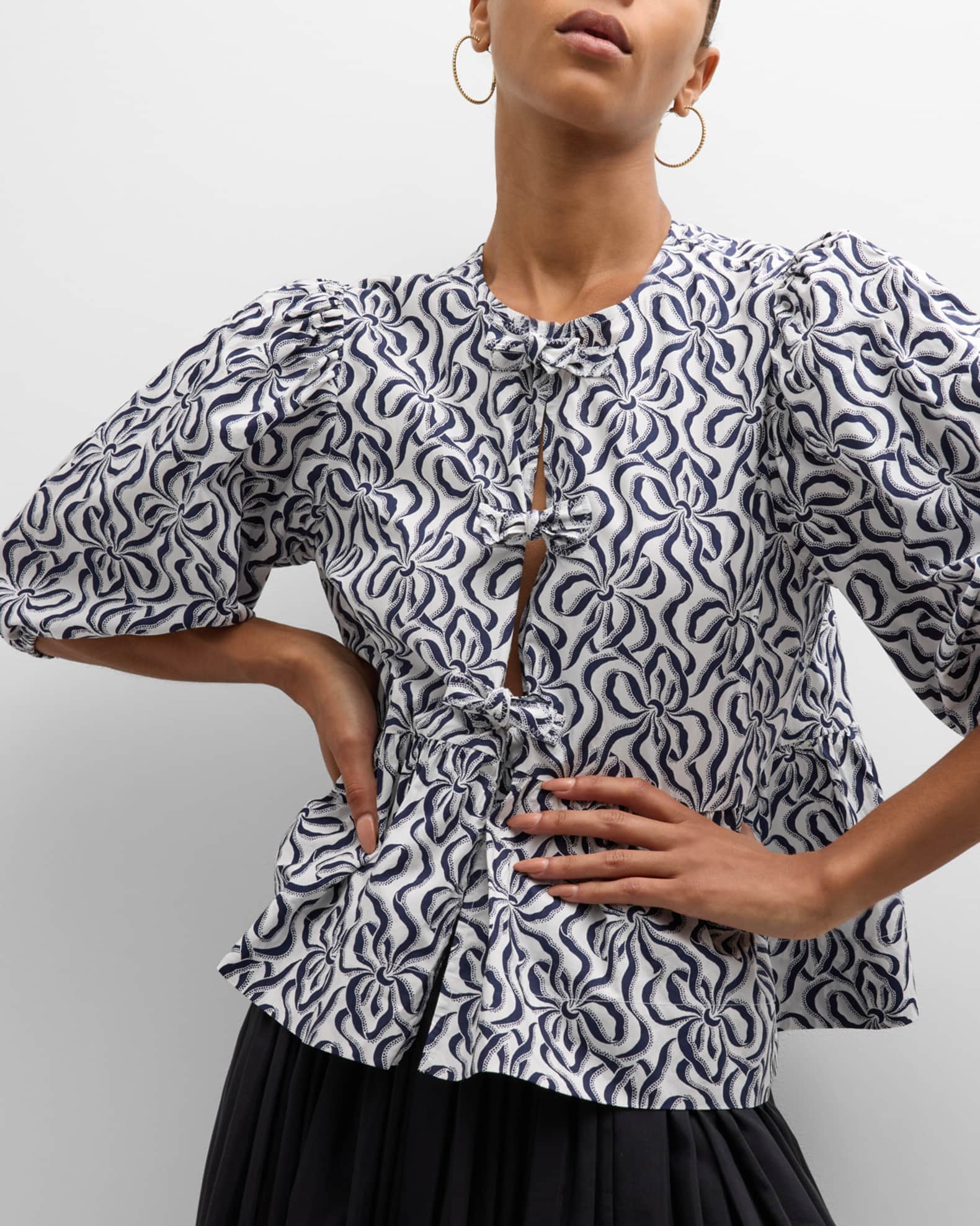 Ganni Printed Self-Tie Peplum Blouse | Neiman Marcus