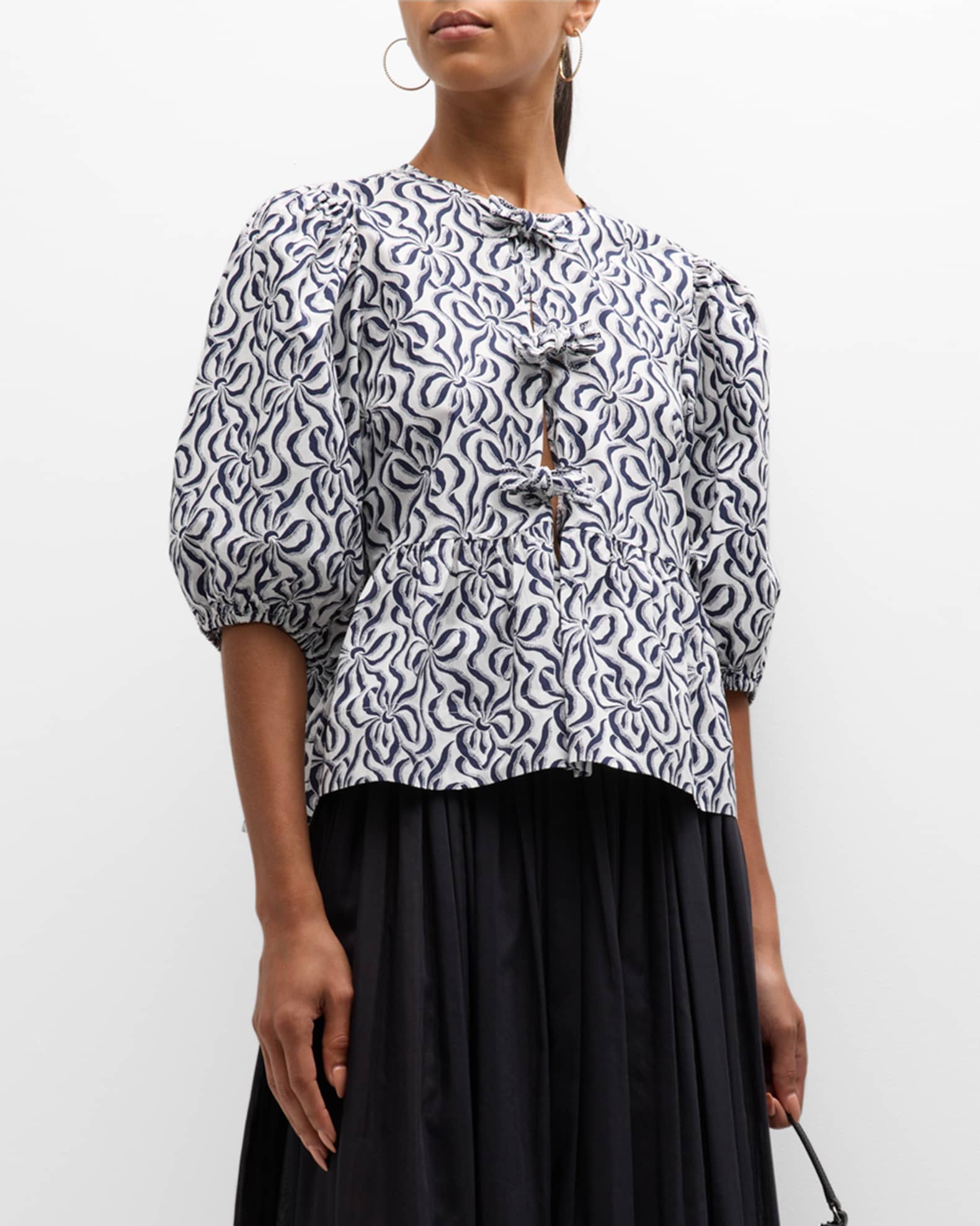Ganni Printed Self-Tie Peplum Blouse | Neiman Marcus