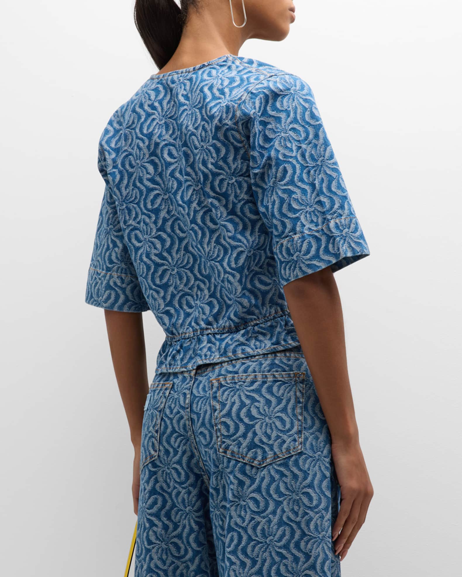 Ganni Printed Denim Jacquard Tie Blouse | Neiman Marcus