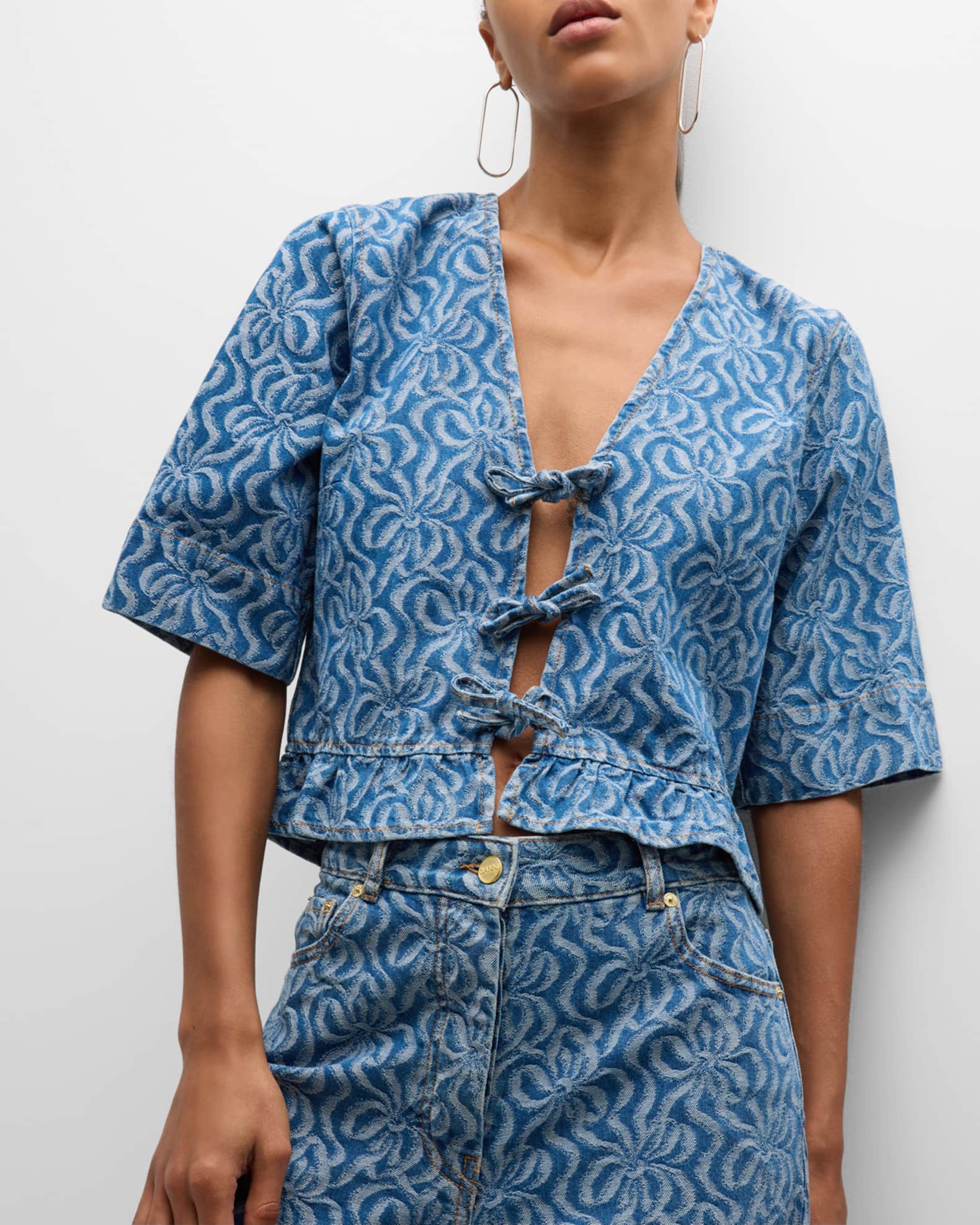 Ganni Printed Denim Jacquard Tie Blouse | Neiman Marcus