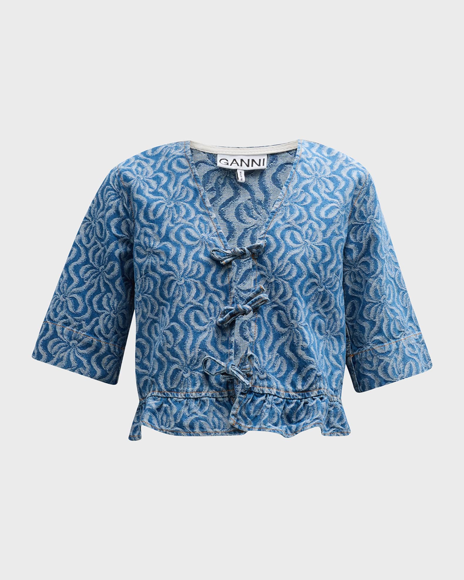 Ganni Printed Denim Jacquard Tie Blouse | Neiman Marcus