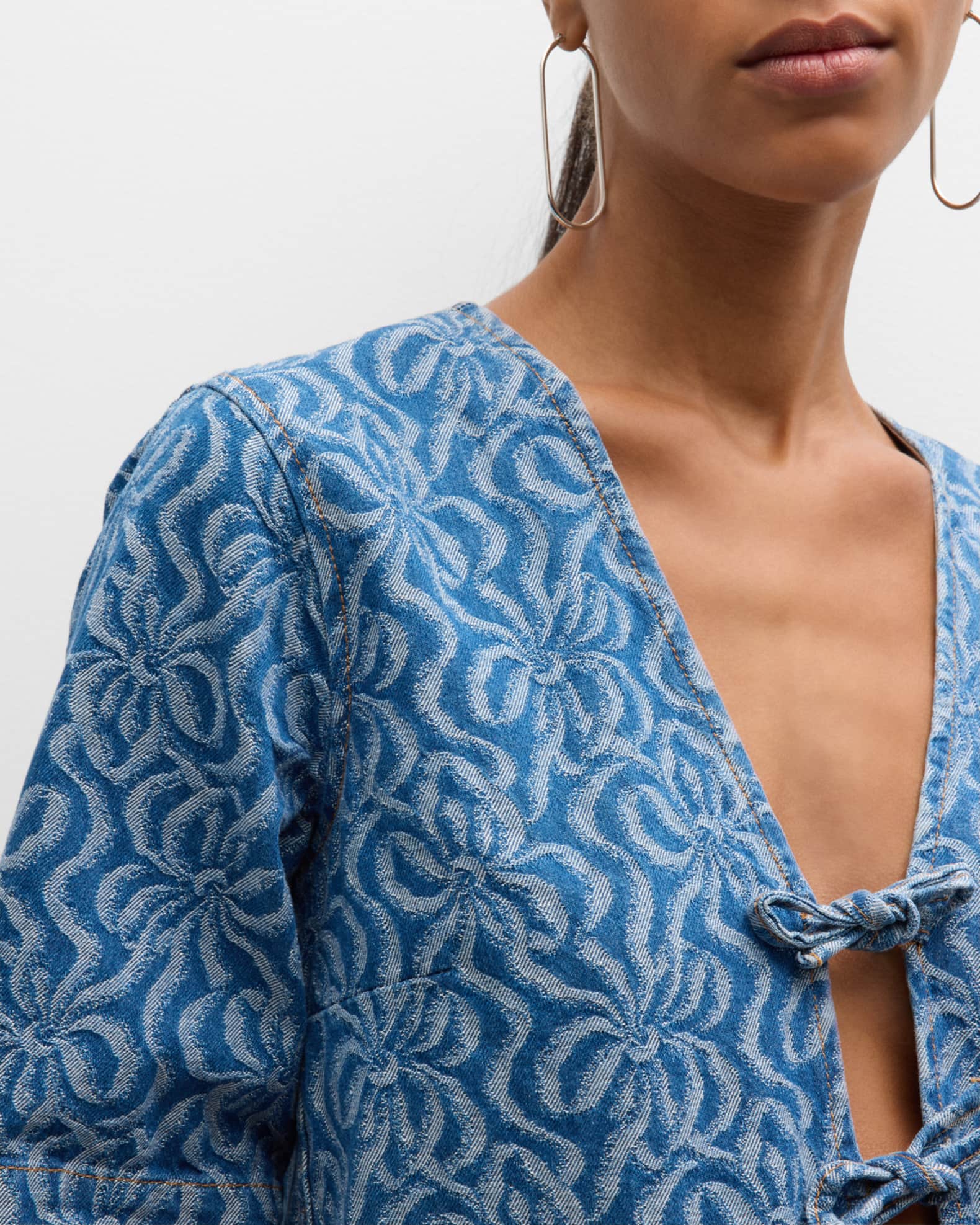 Ganni Printed Denim Jacquard Tie Blouse | Neiman Marcus