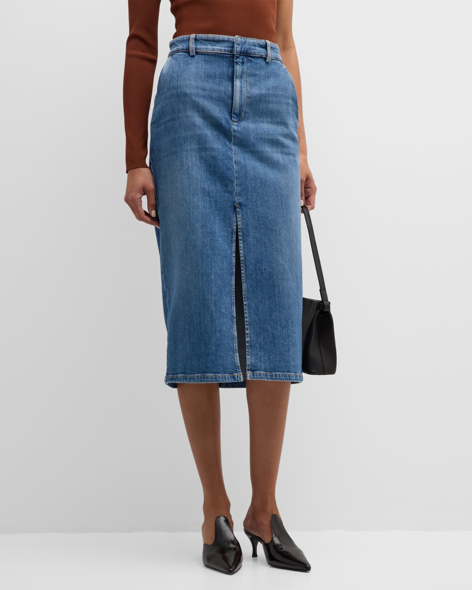 Marella Cast Front-Slit Straight Denim Midi Skirt | Neiman Marcus