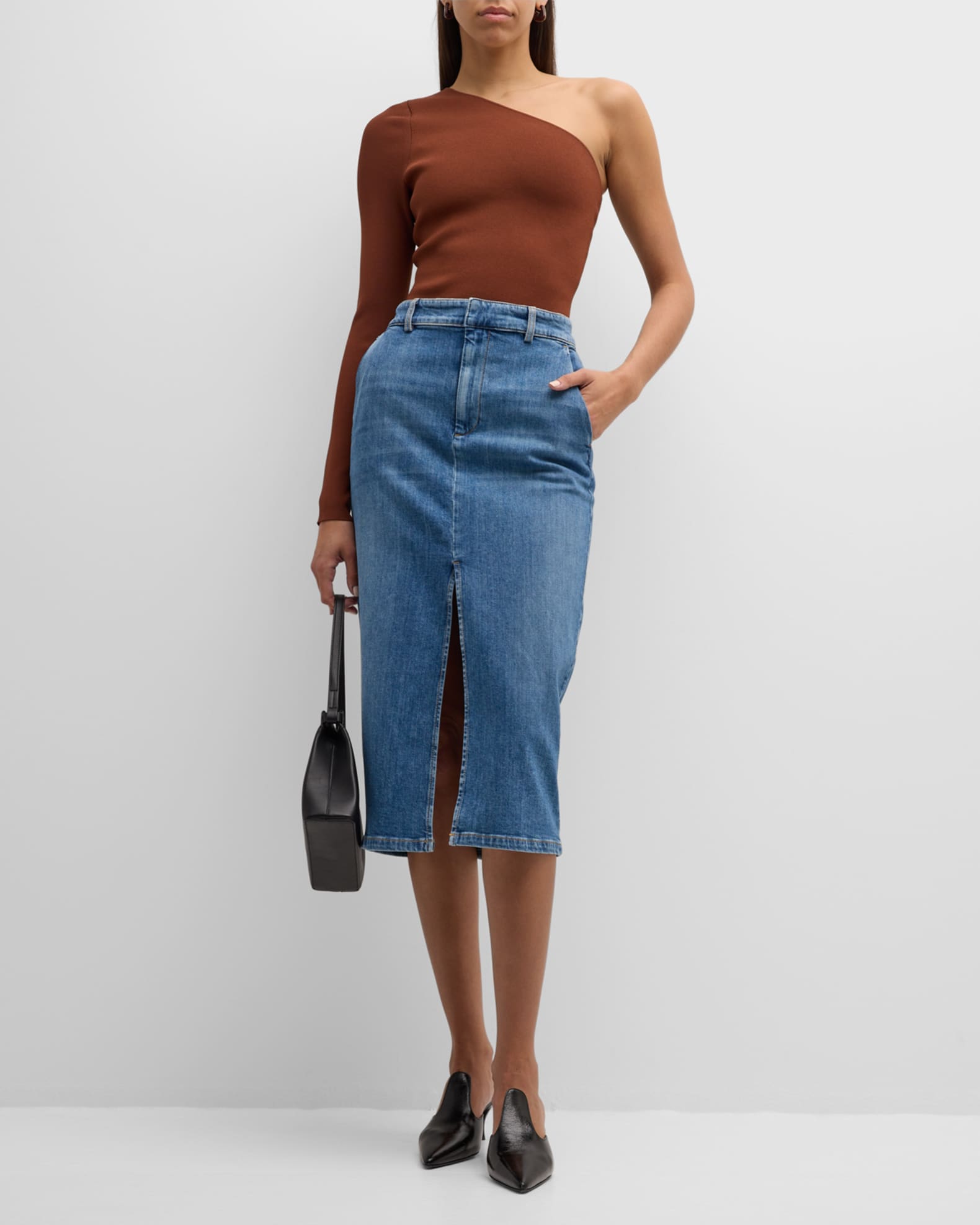 Marella Cast Front-Slit Straight Denim Midi Skirt | Neiman Marcus