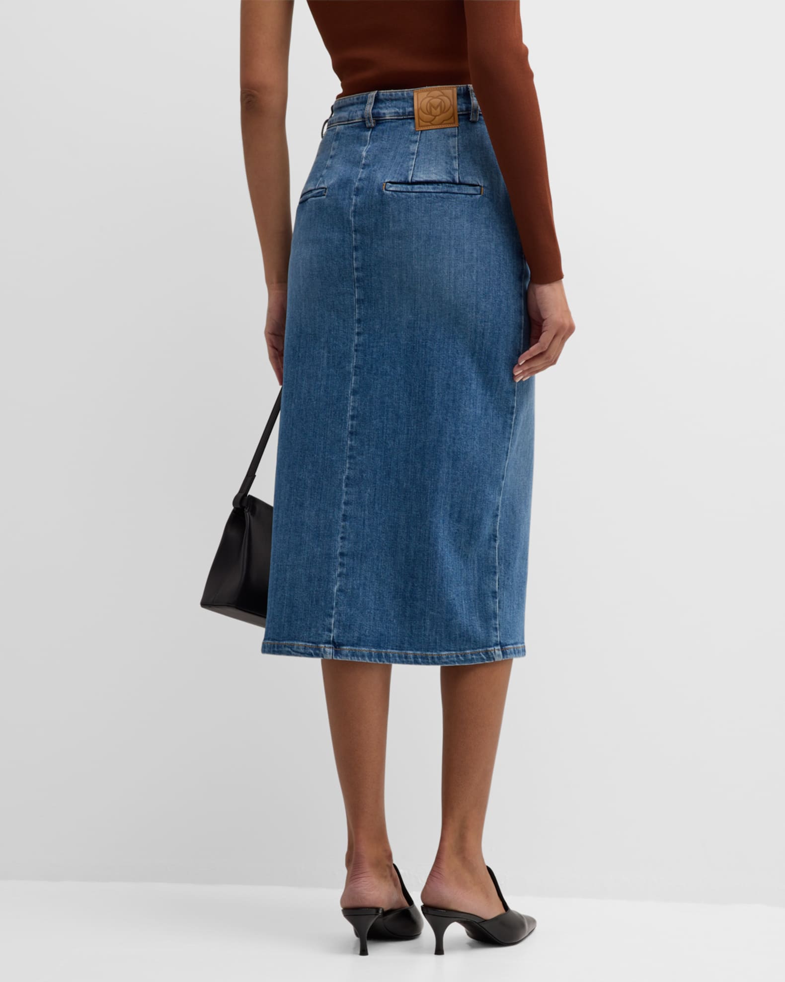 Marella Cast Front-Slit Straight Denim Midi Skirt | Neiman Marcus