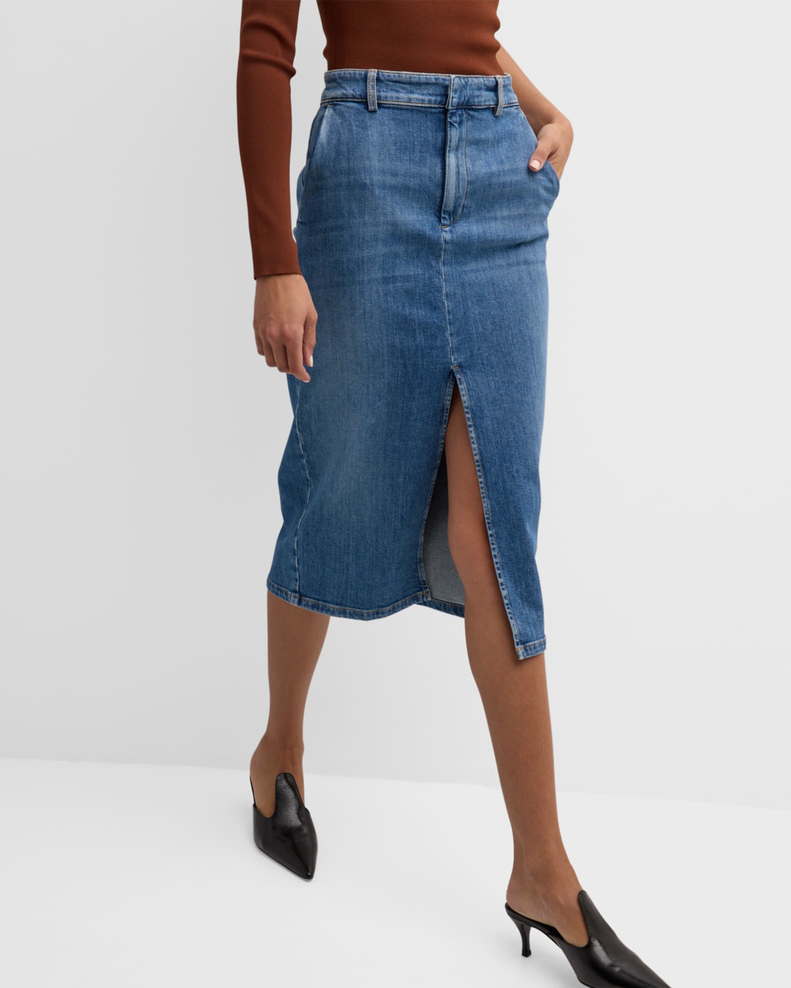 Marella Cast Front-Slit Straight Denim Midi Skirt | Neiman Marcus