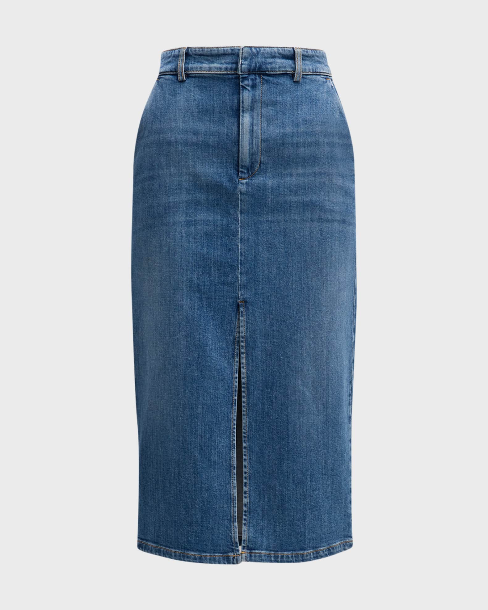 Marella Cast Front-Slit Straight Denim Midi Skirt | Neiman Marcus