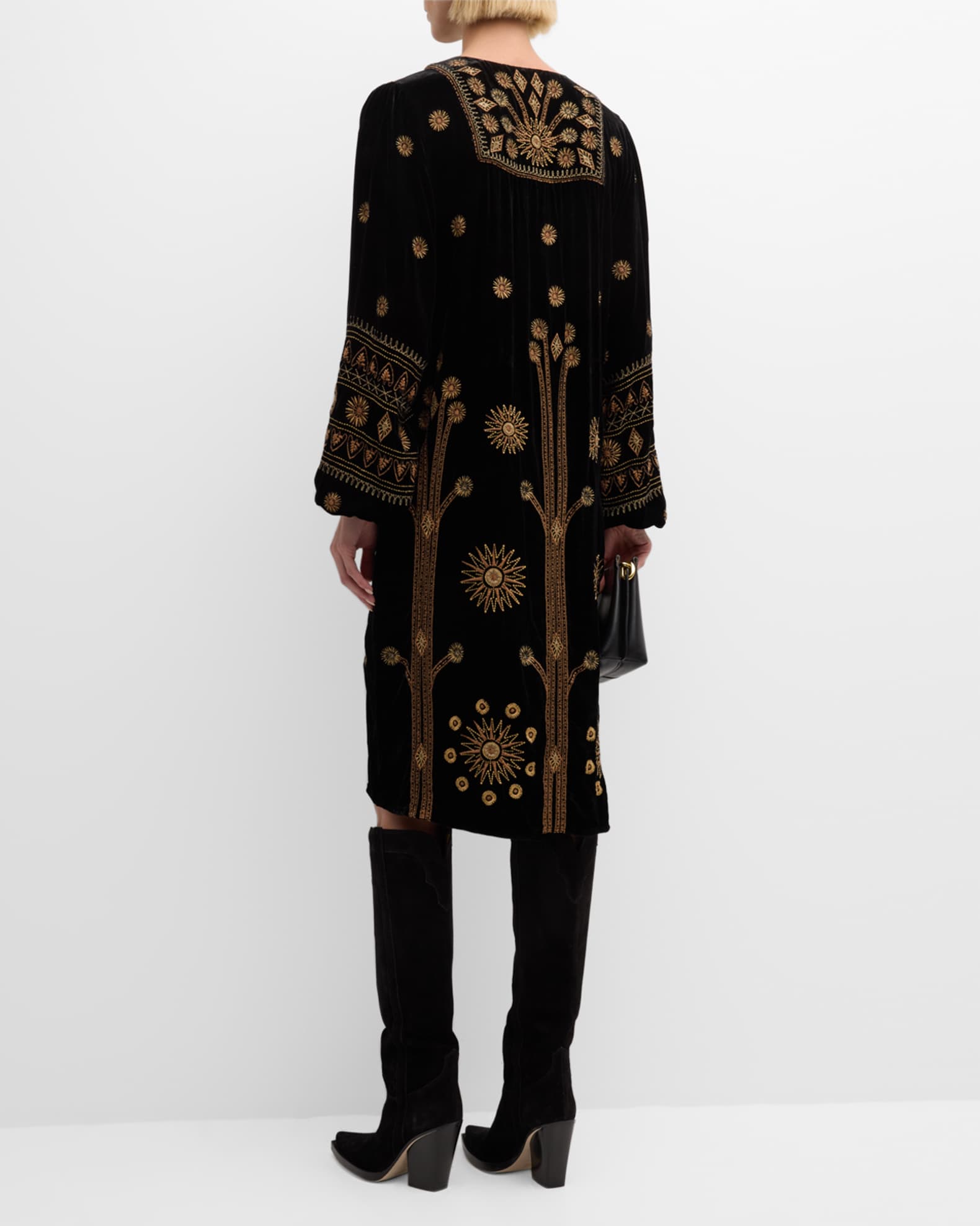 Johnny Was Heidi Embroidered Tie-Neck Velvet Dress | Neiman Marcus