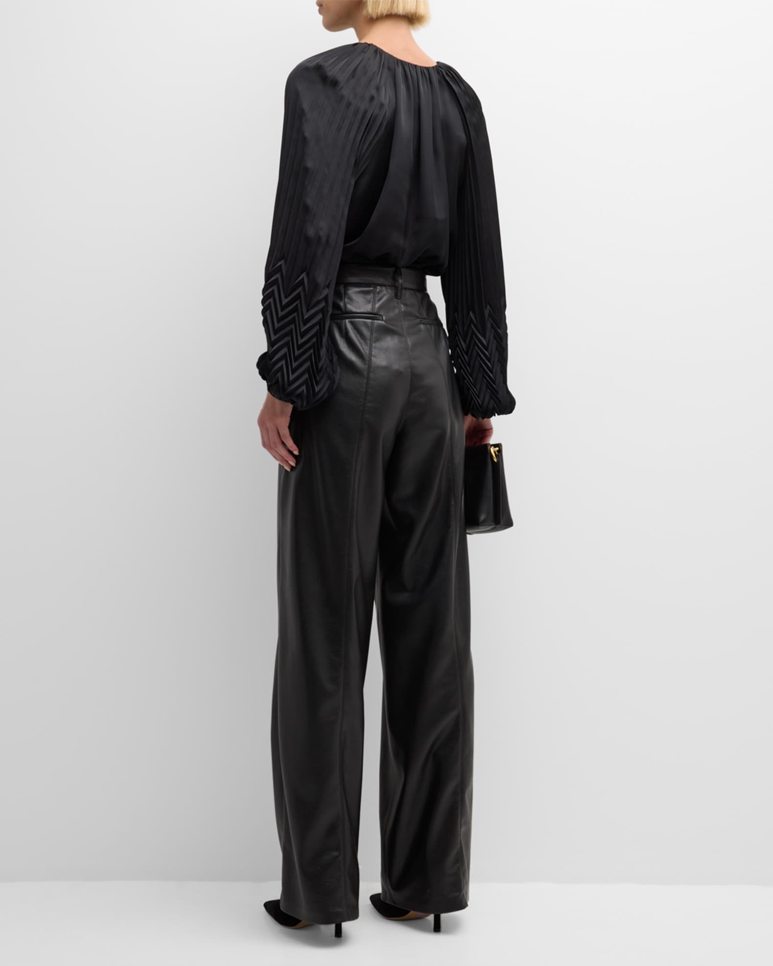 Johnny Was Gemma Pleated Blouson-Sleeve Charmeuse Blouse | Neiman Marcus