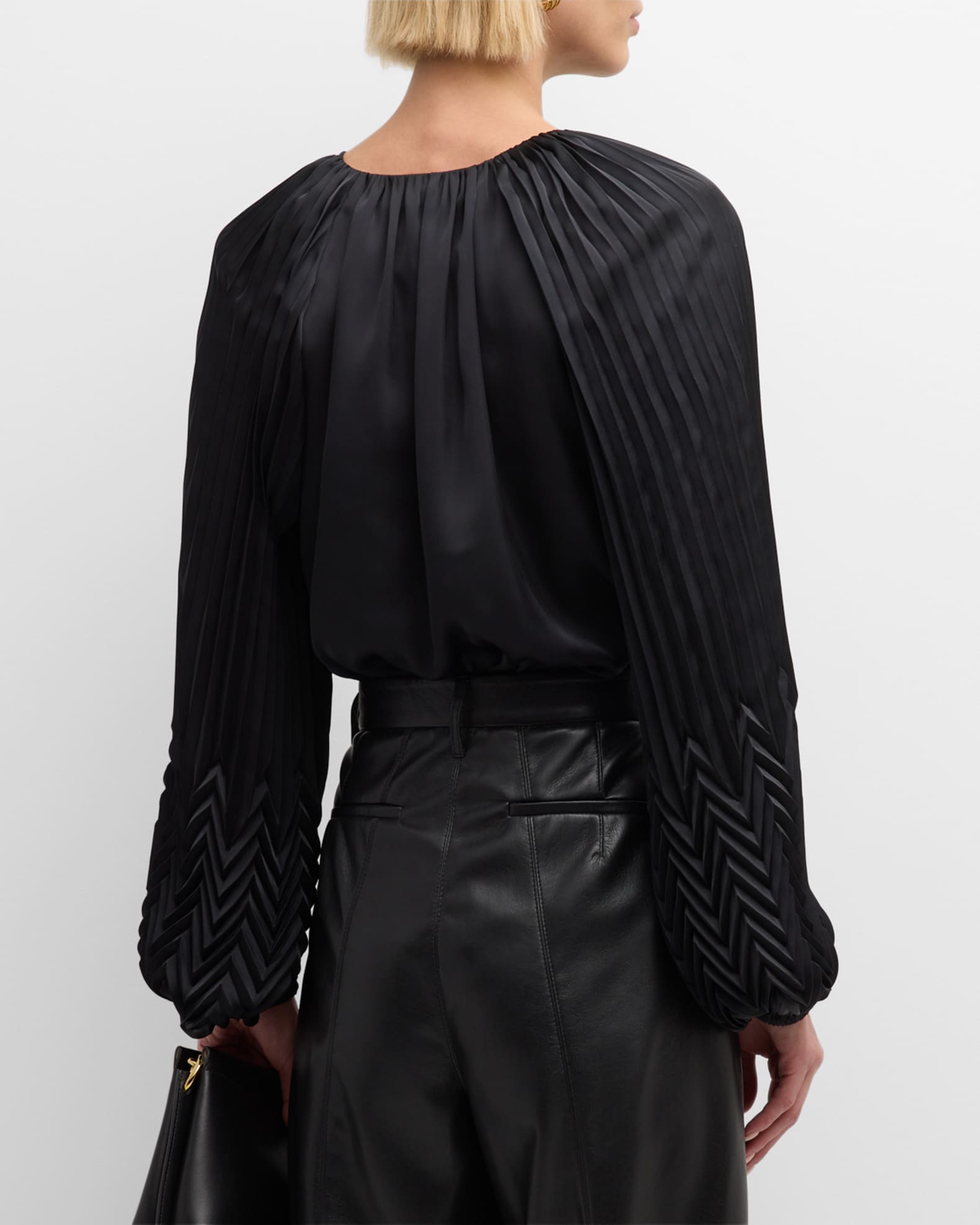 Johnny Was Gemma Pleated Blouson-Sleeve Charmeuse Blouse | Neiman Marcus