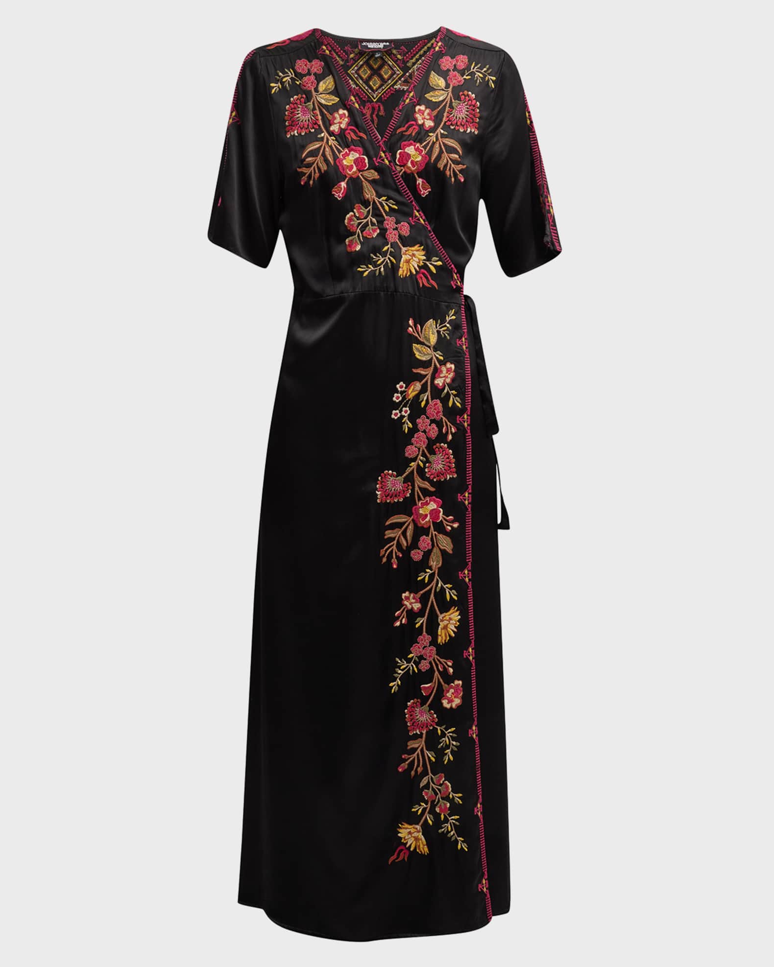 Johnny Was Lilith Floral-Embroidered Wrap Dress | Neiman Marcus