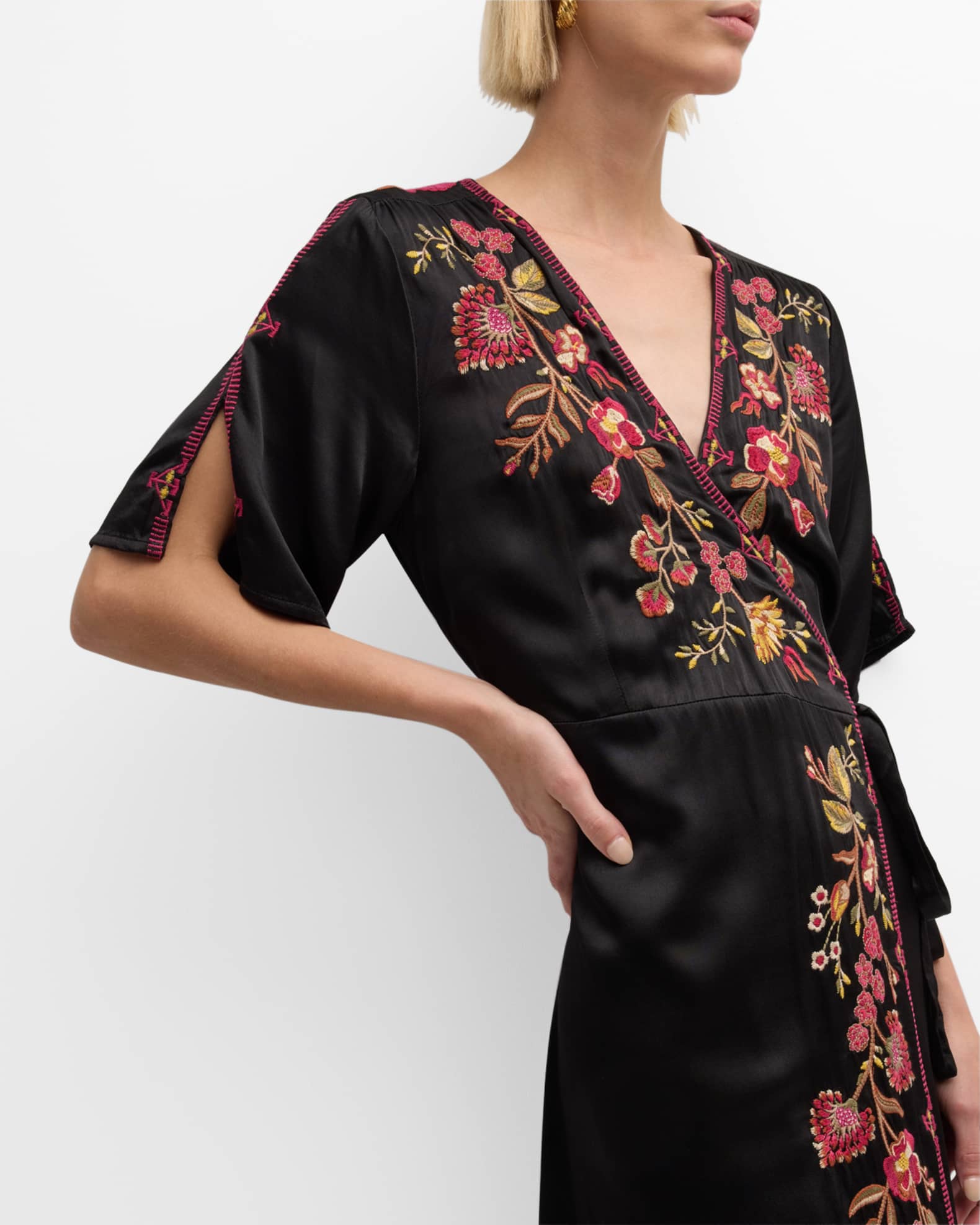 Johnny Was Lilith Floral-Embroidered Wrap Dress | Neiman Marcus