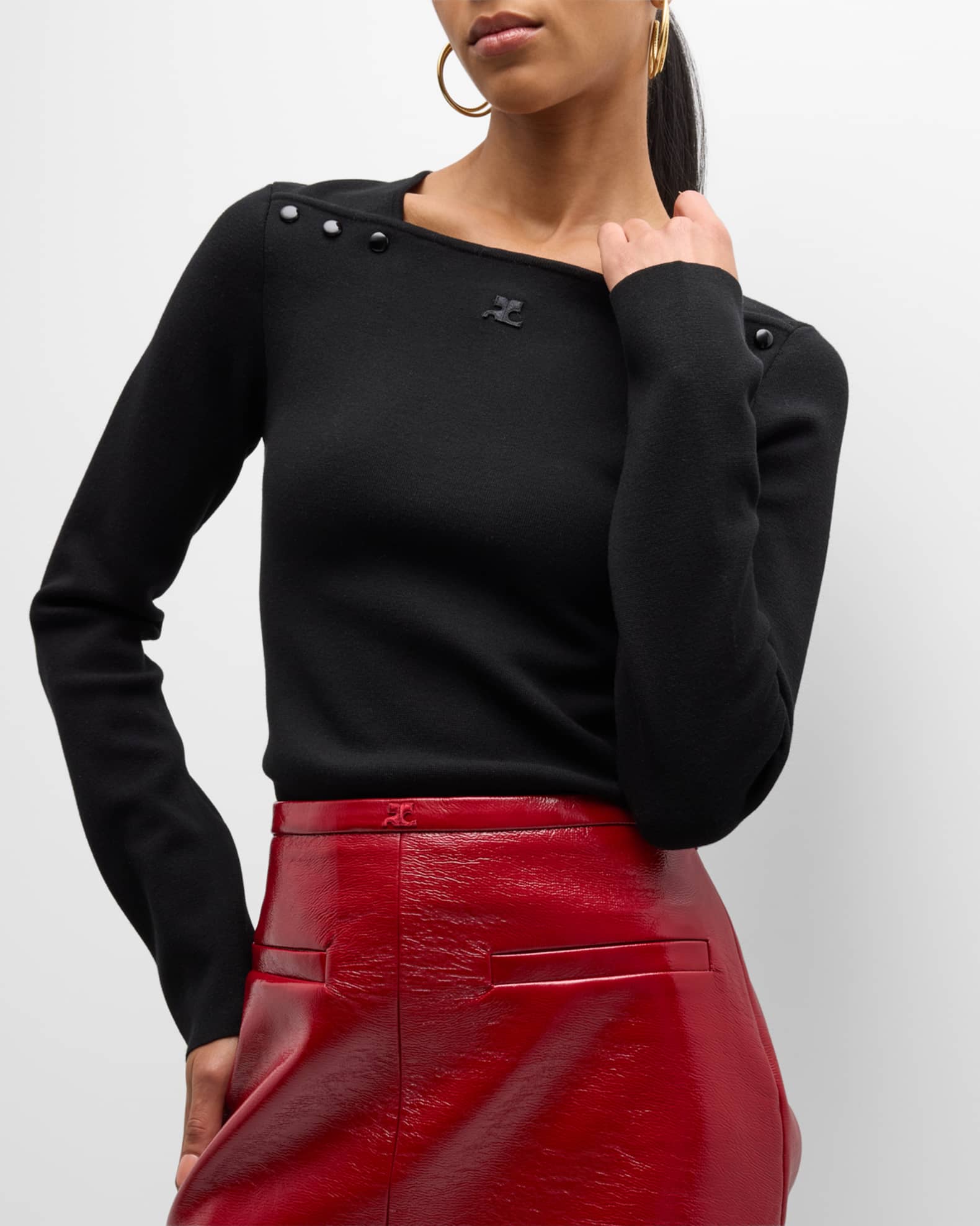 Courreges Snap-Shoulder High-Neck Milano Knit Long-Sleeve Sweater ...