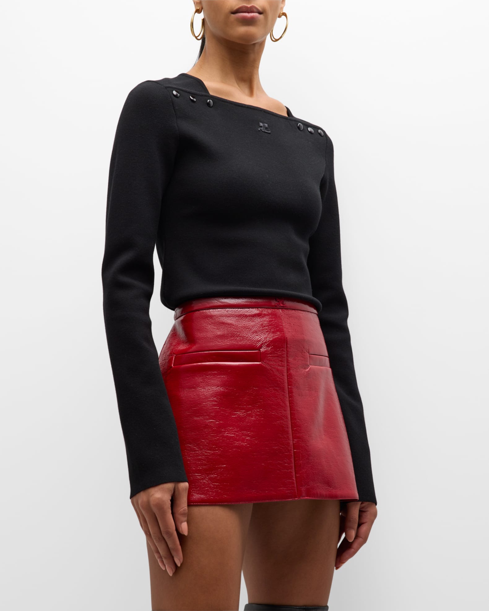 Courreges Snap-Shoulder High-Neck Milano Knit Long-Sleeve Sweater ...