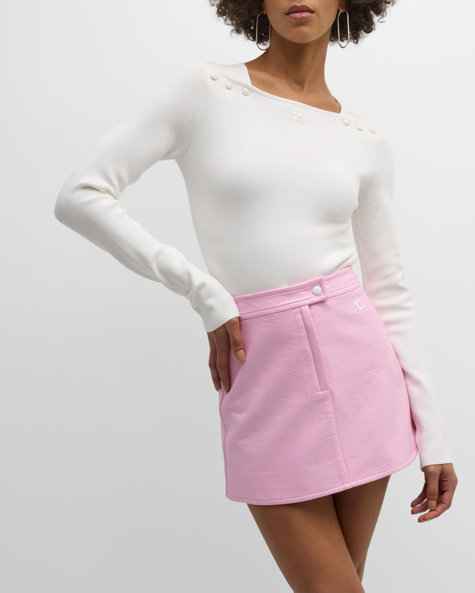 Courreges Snap-Shoulder High-Neck Milano Knit Long-Sleeve Sweater ...