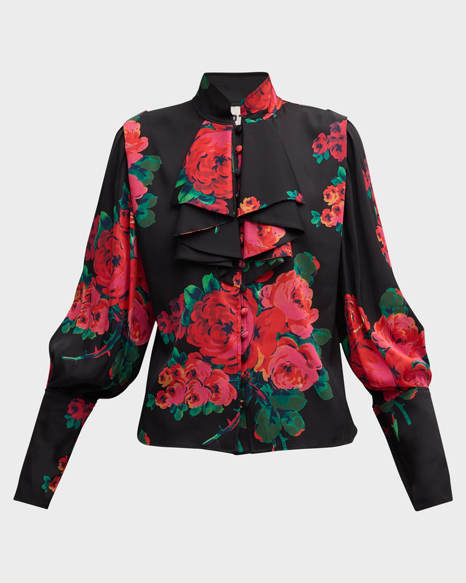 Libertine Seville Rose-Print Bishop-Sleeve Ruffle-Bib Blouse | Neiman ...