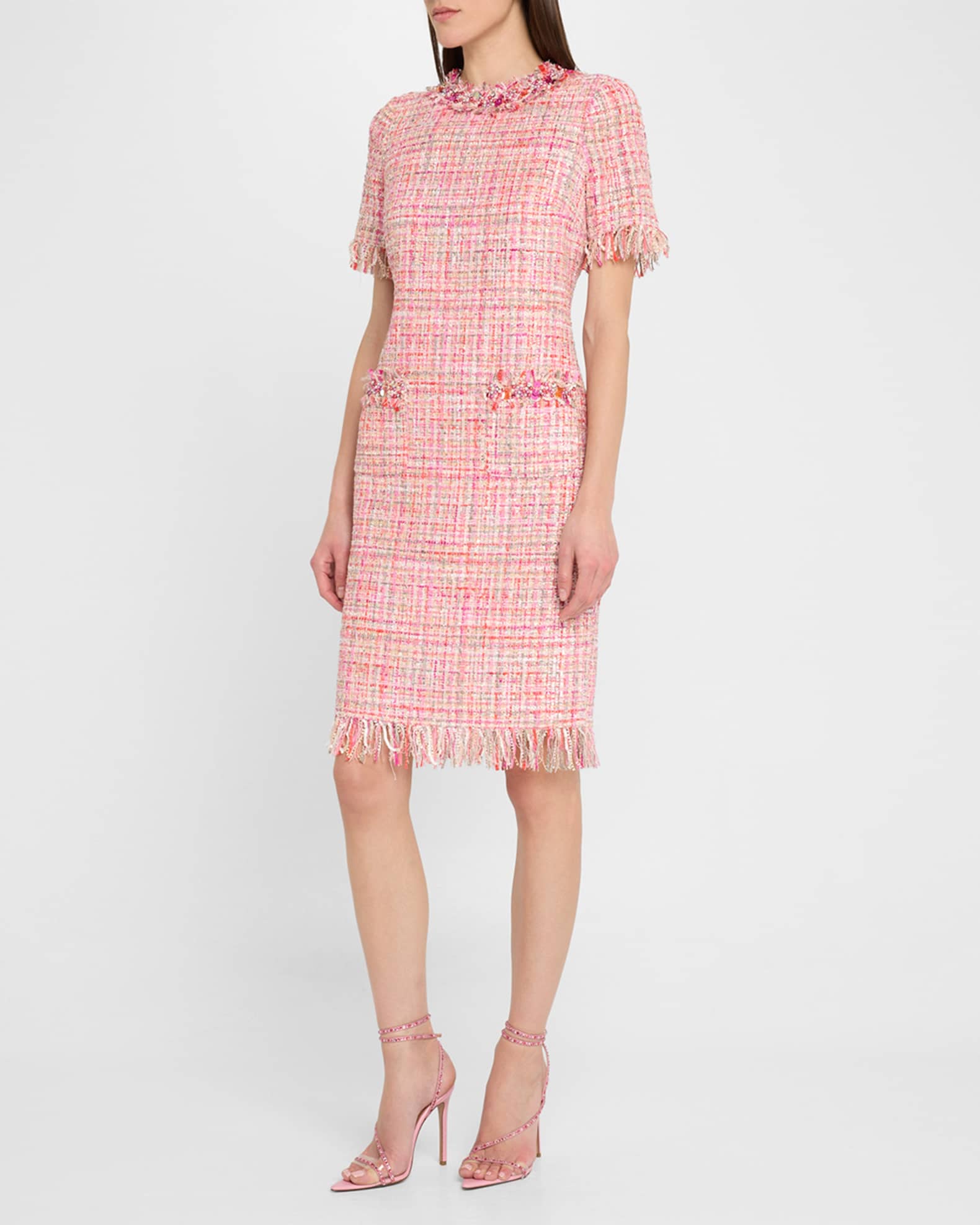 Rickie Freeman for Teri Jon Fringe-Trim Beaded Tweed Midi Dress ...