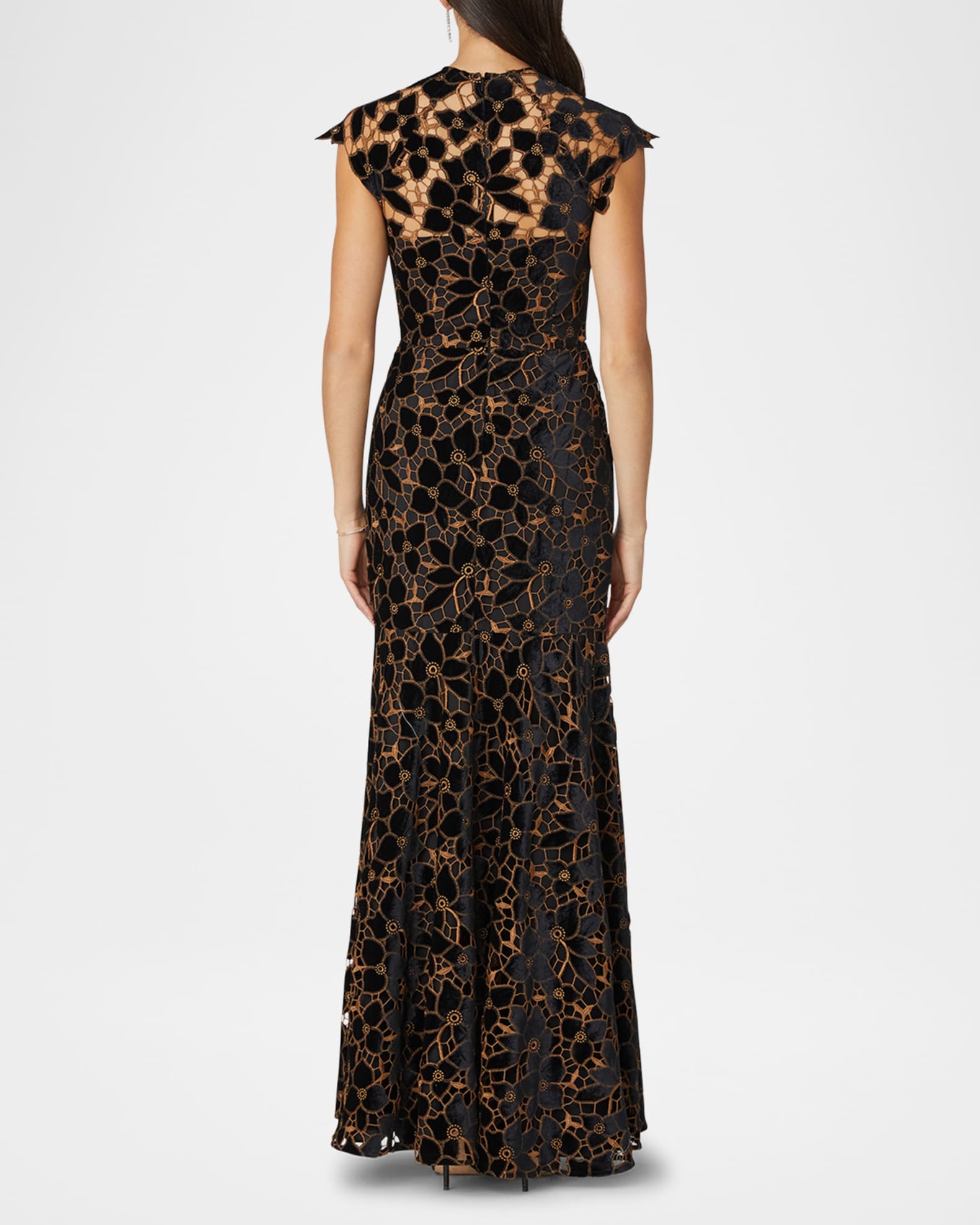 Shoshanna Velvet Floral-Lace Cap-Sleeve Gown | Neiman Marcus