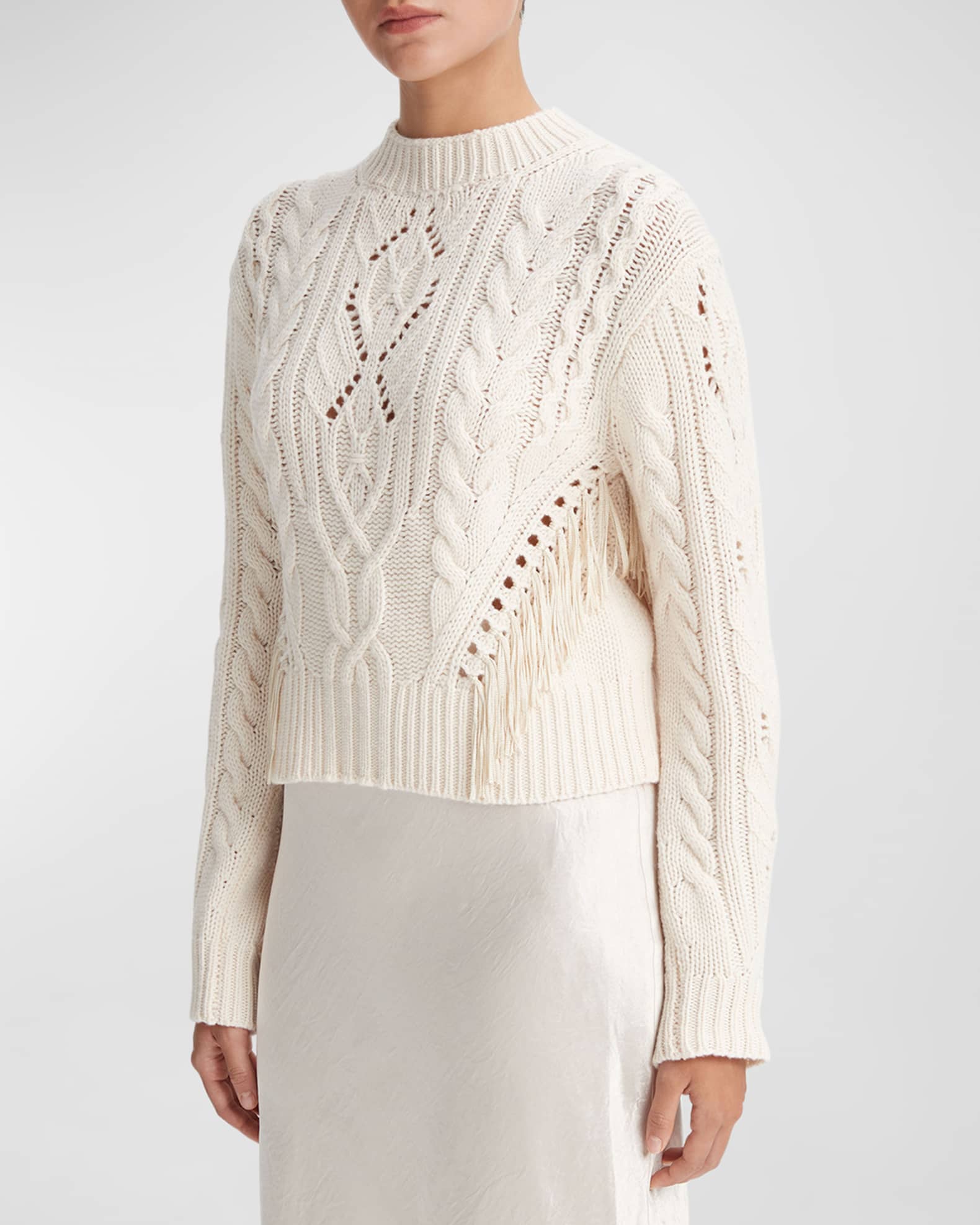 Vince Wool Fringe-Trim Cable-Knit Sweater | Neiman Marcus