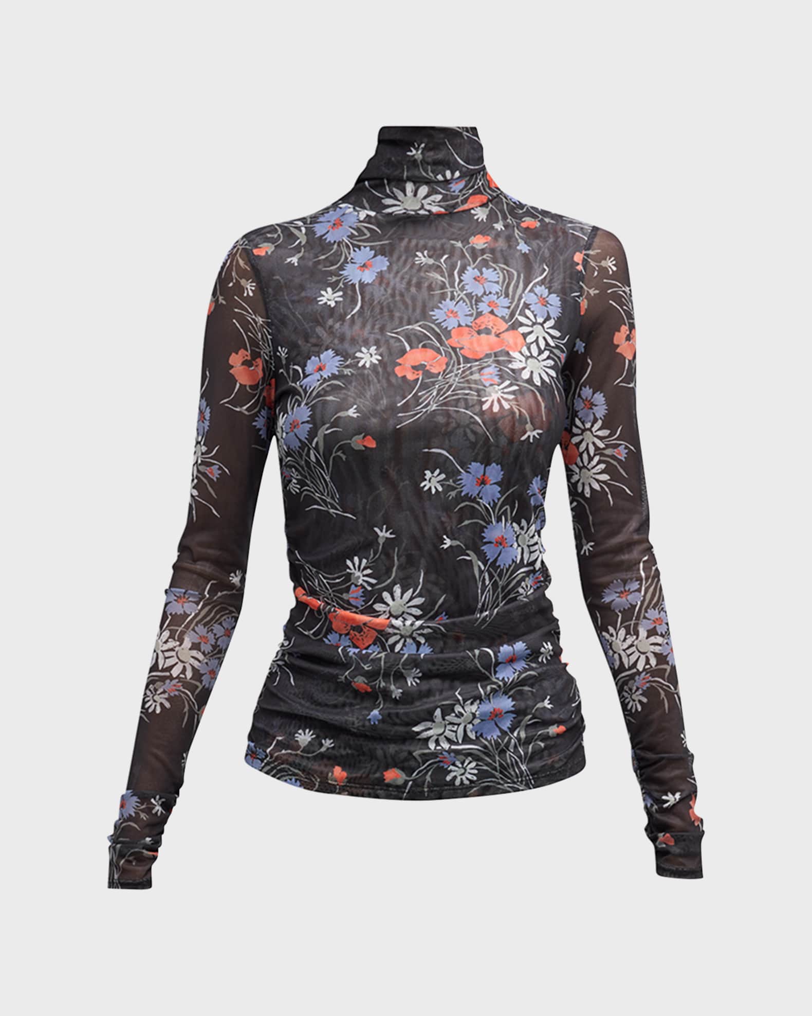 Cinq a Sept Wild Poppy Shirred Mesh Turtleneck Top | Neiman Marcus