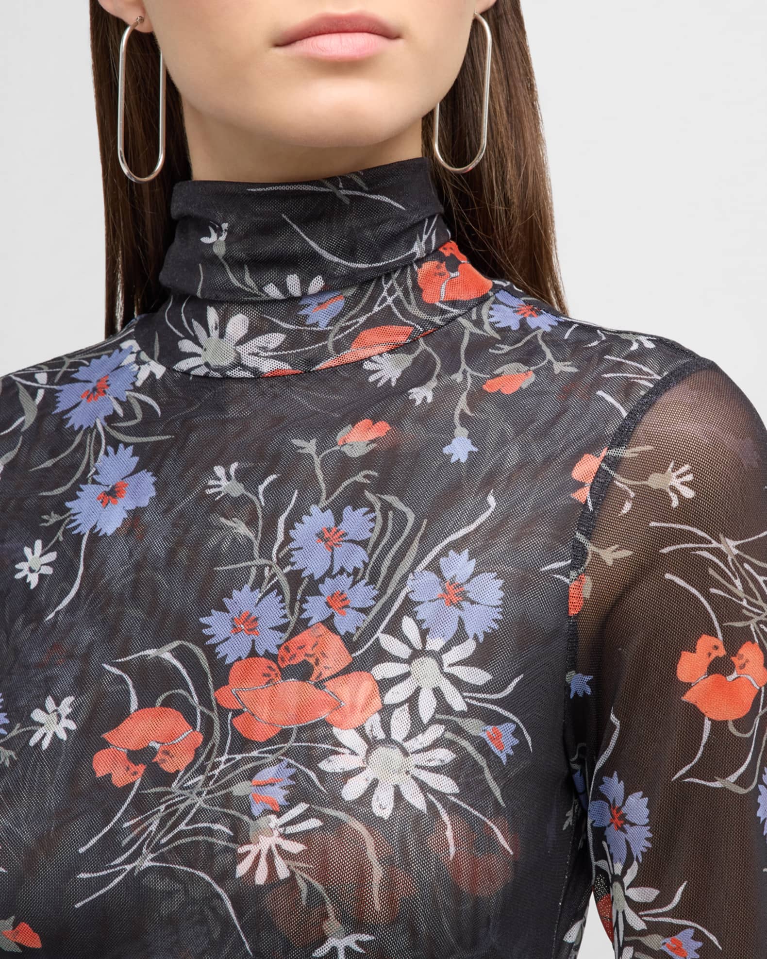 Cinq a Sept Wild Poppy Shirred Mesh Turtleneck Top | Neiman Marcus
