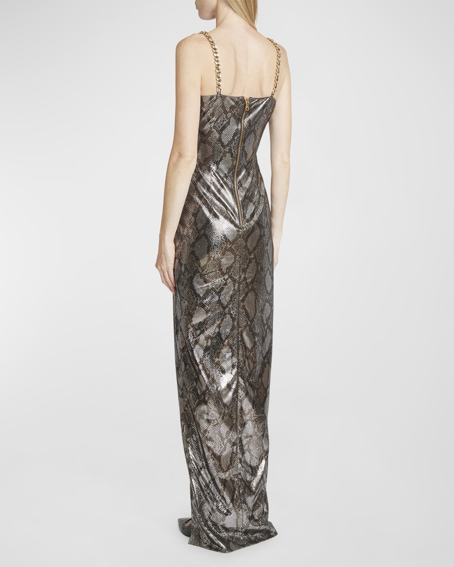 Balmain Shiny Python Gown with Chain Detail | Neiman Marcus