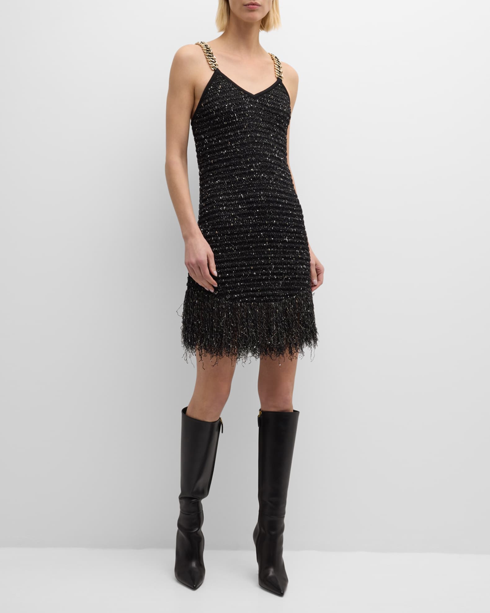 Balmain Fringed Hem Tweed Mini Dress with Chain Straps | Neiman Marcus