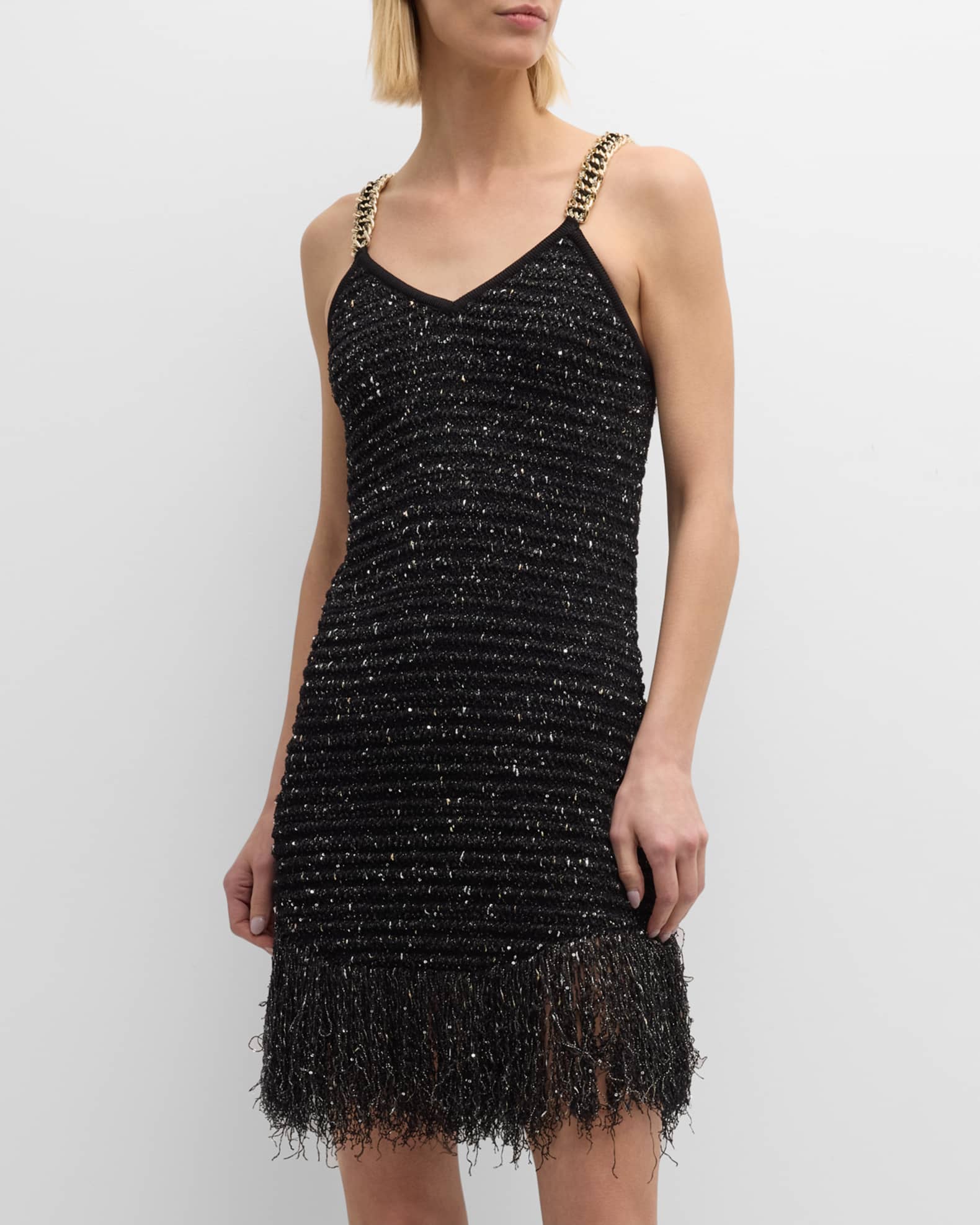 Balmain Fringed Hem Tweed Mini Dress with Chain Straps | Neiman Marcus