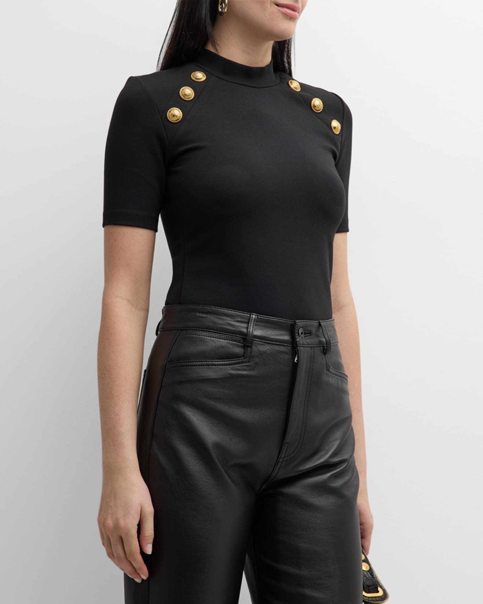 Balmain Raglan Stretch T-Shirt with Gold-Tone Buttons | Neiman Marcus