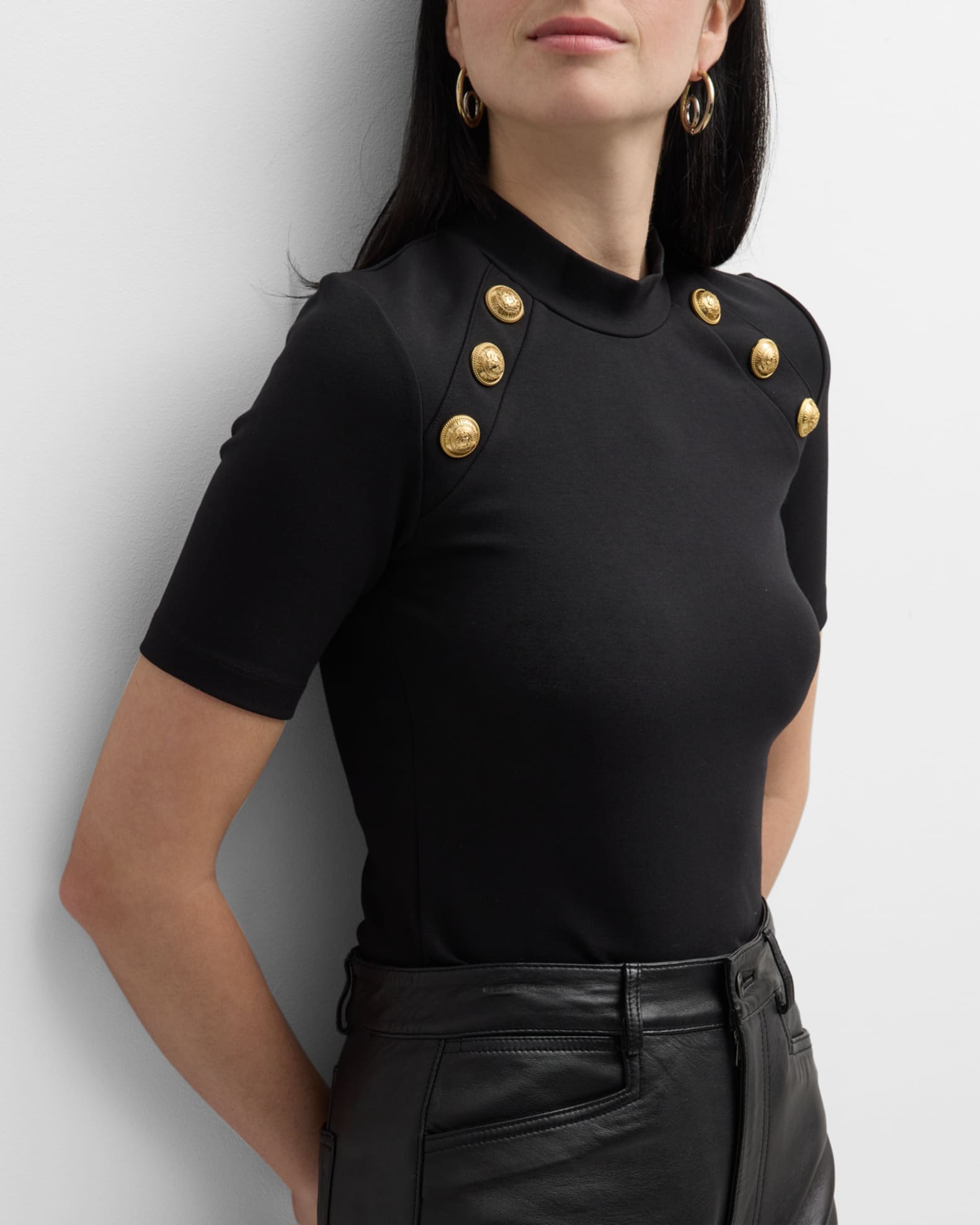 Balmain Raglan Stretch T-Shirt with Gold-Tone Buttons | Neiman Marcus