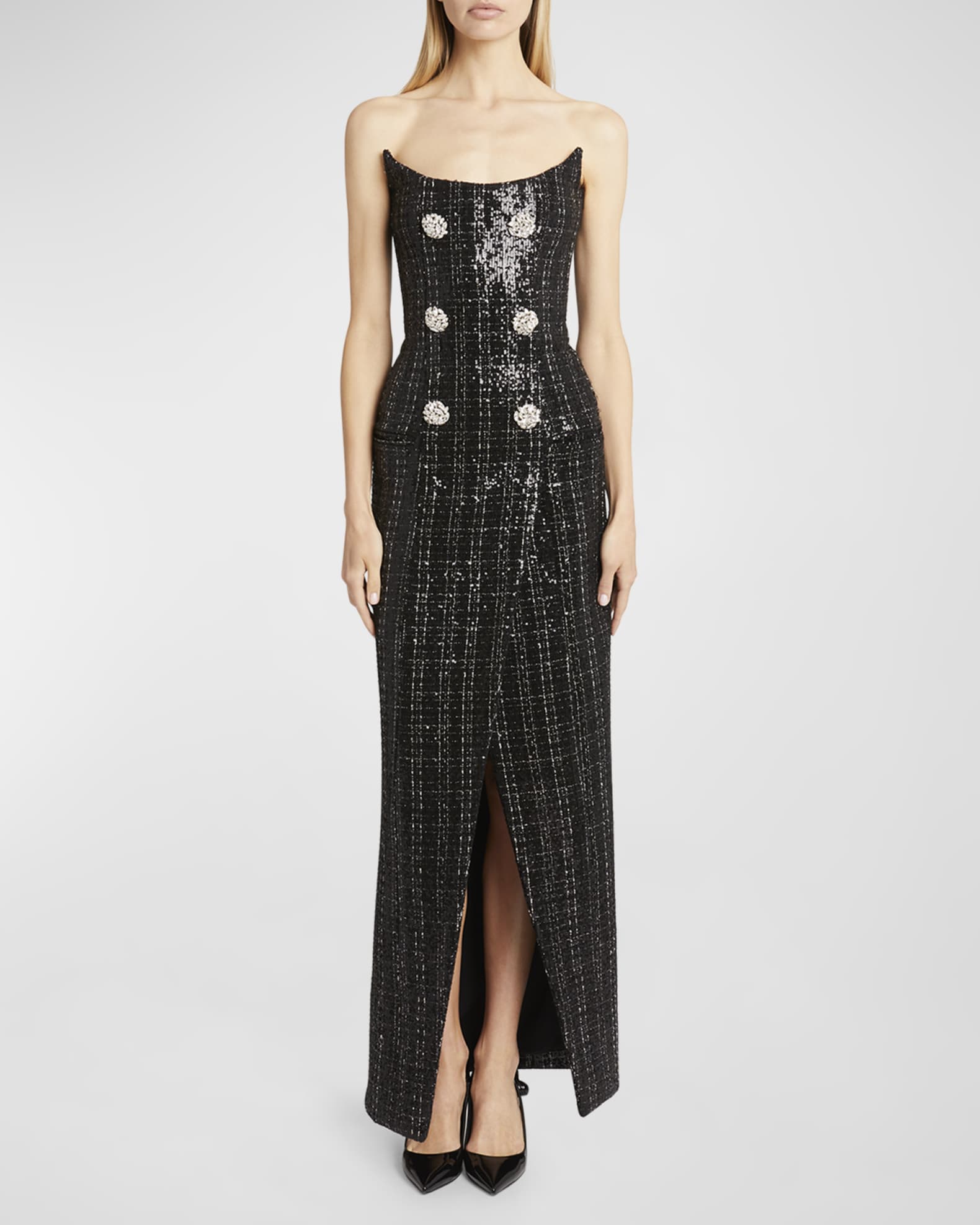 Balmain Sequined Strapless Dress with Jewel Double-Breast Buttons ...