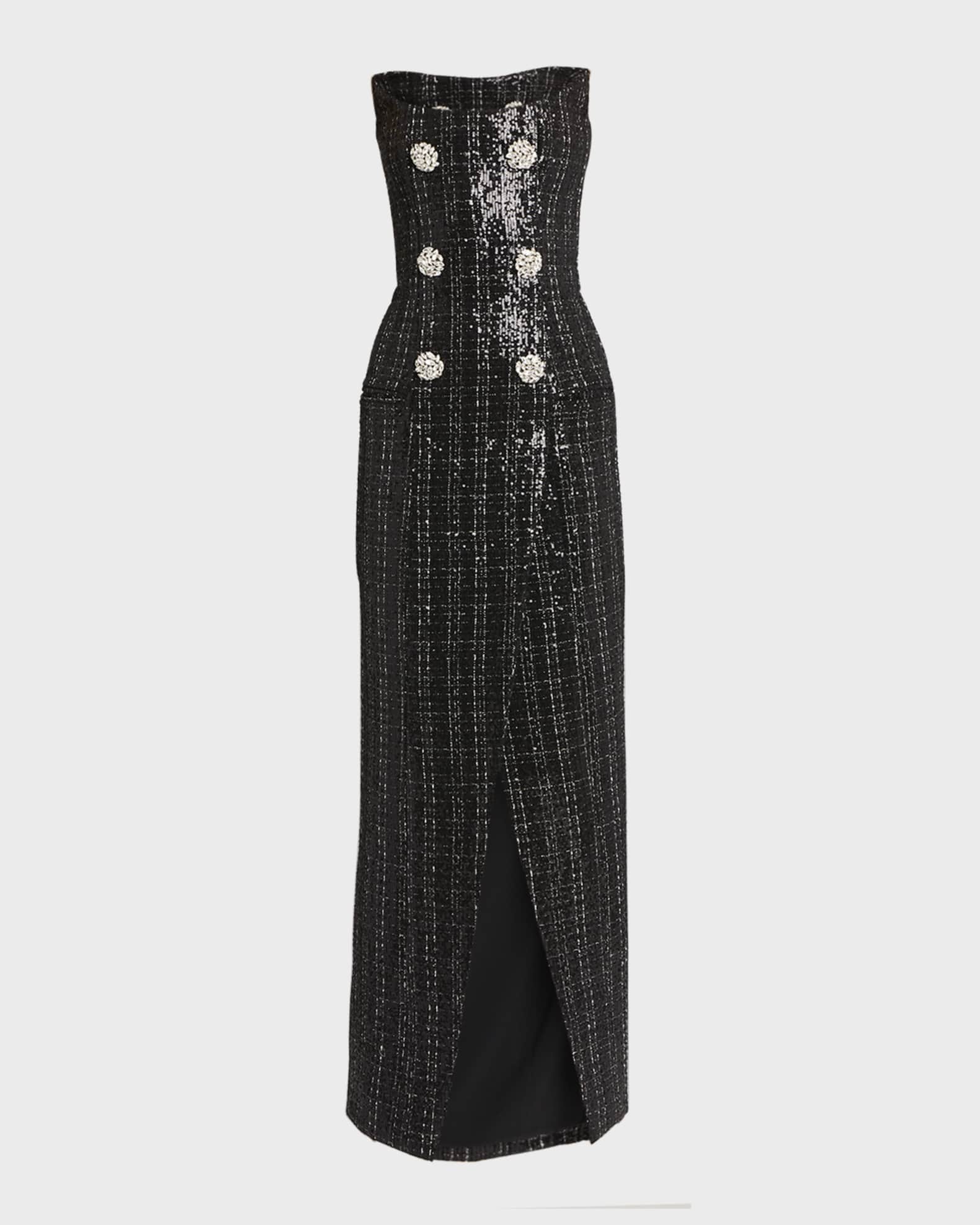 Balmain Sequined Strapless Dress with Jewel Double-Breast Buttons ...